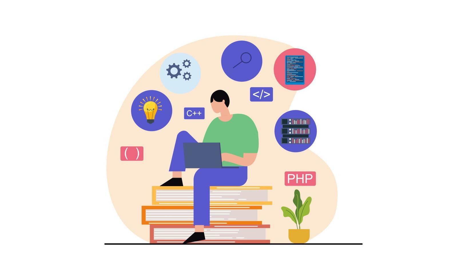 Man Programmer Is Working On His Laptop Coding And Programming 16915118 Vector Art At Vecteezy