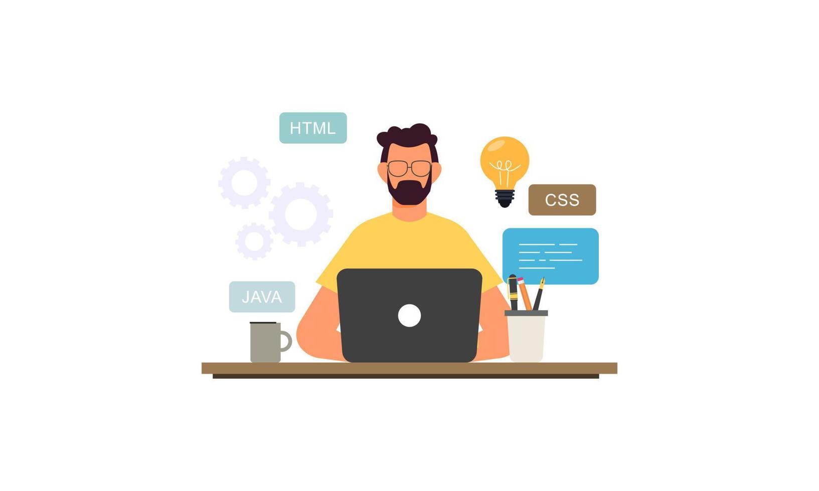 Man Programmer Is Working On His Laptop Coding And Programming 16915119 Vector Art At Vecteezy