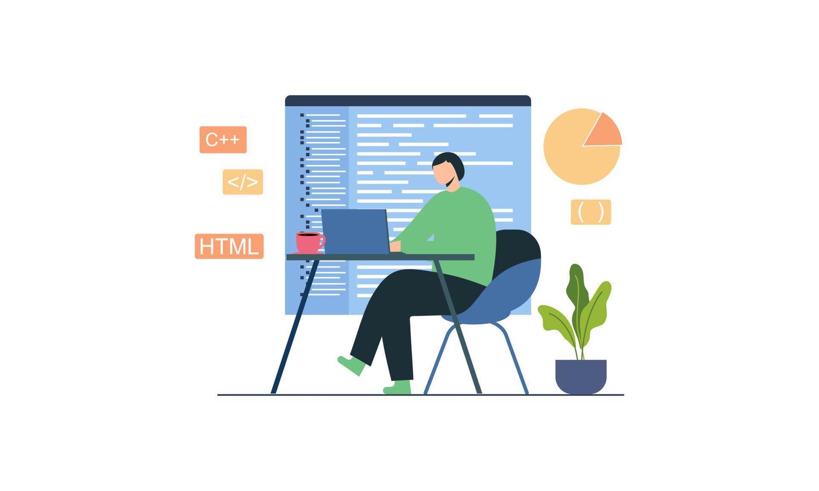 Man Programmer Is Working On His Laptop Coding And Programming 16915120 Vector Art At Vecteezy
