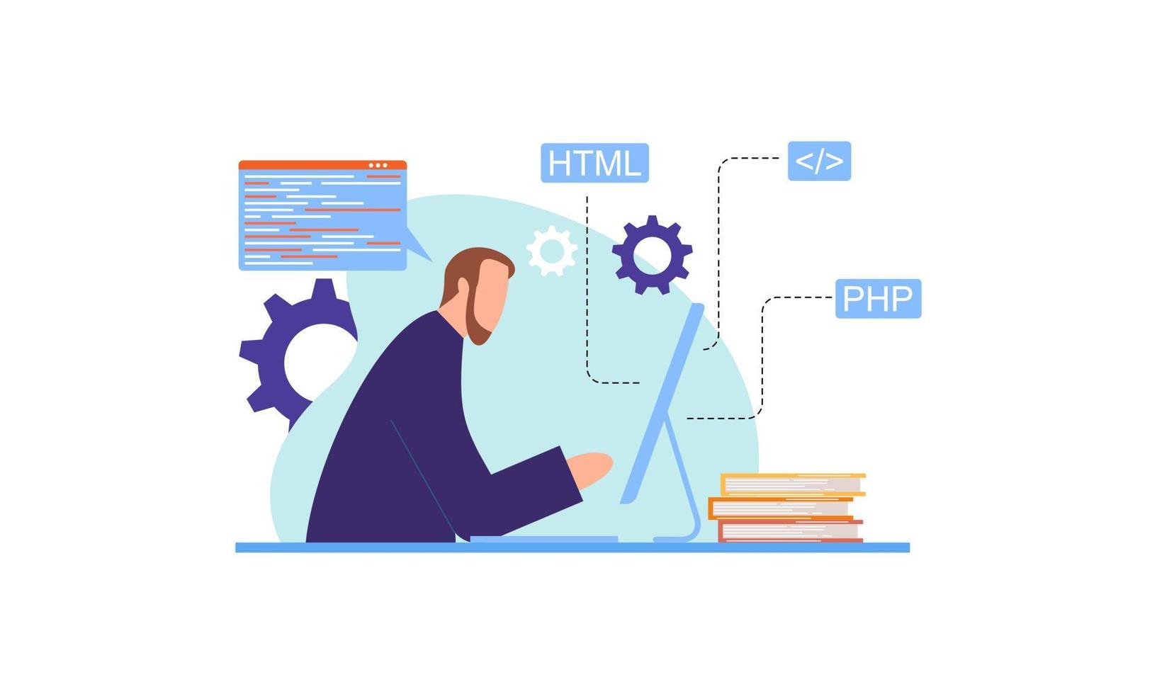 Man Programmer Is Working On His Laptop Coding And Programming 16915121 Vector Art At Vecteezy
