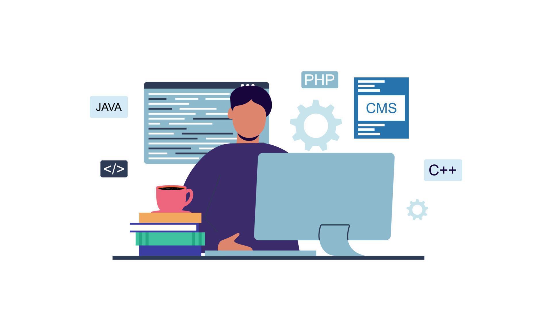 Man programmer is working on his laptop. Coding and programming ...