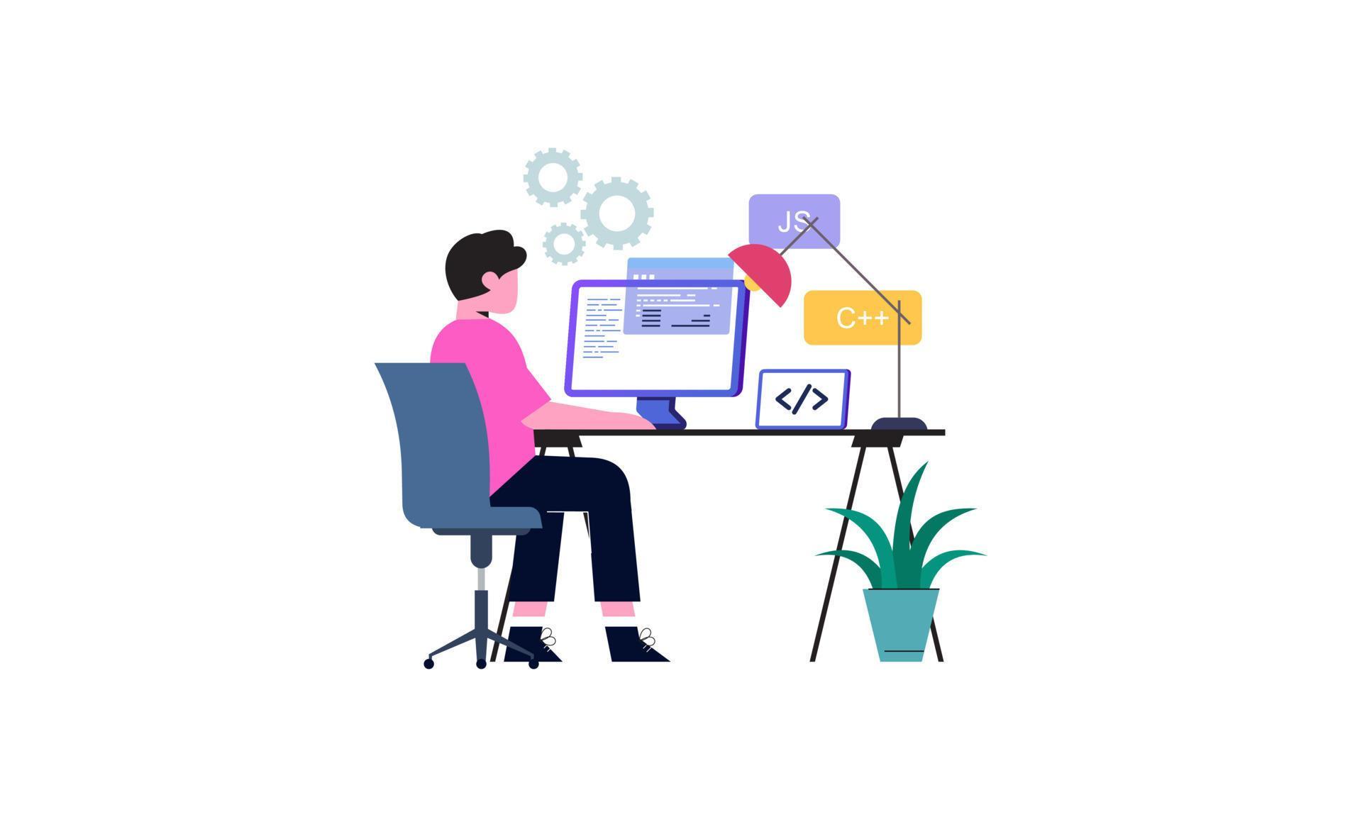 Man Programmer Is Working On His Laptop Coding And Programming 16915123 Vector Art At Vecteezy