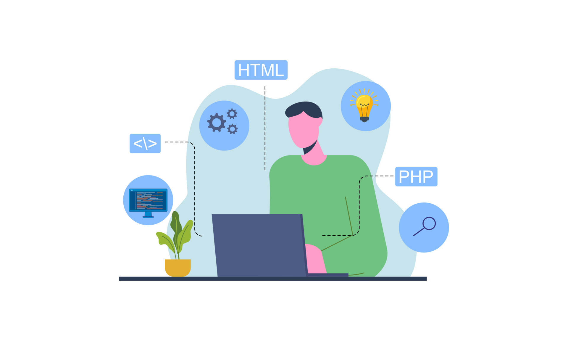 Man Programmer Is Working On His Laptop Coding And Programming 16915124 Vector Art At Vecteezy