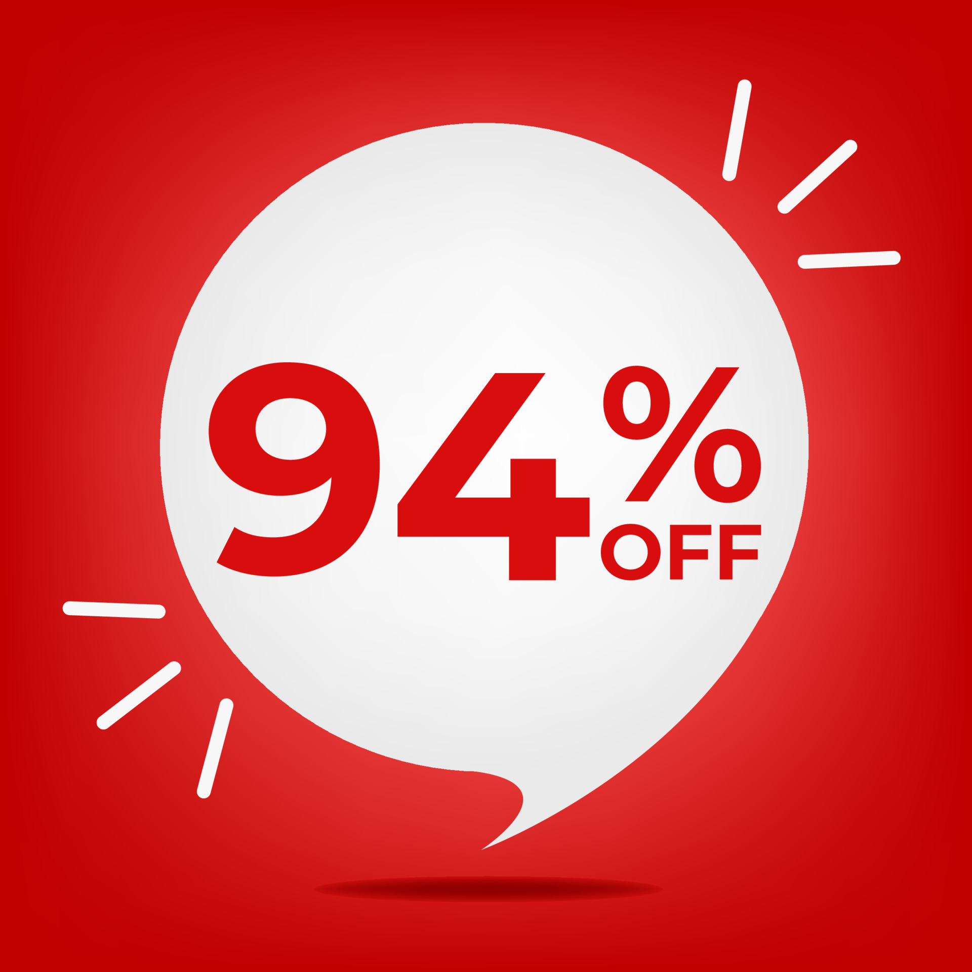 94 off. Banner with ninety-four percent discount. White bubble on a red background vector ...