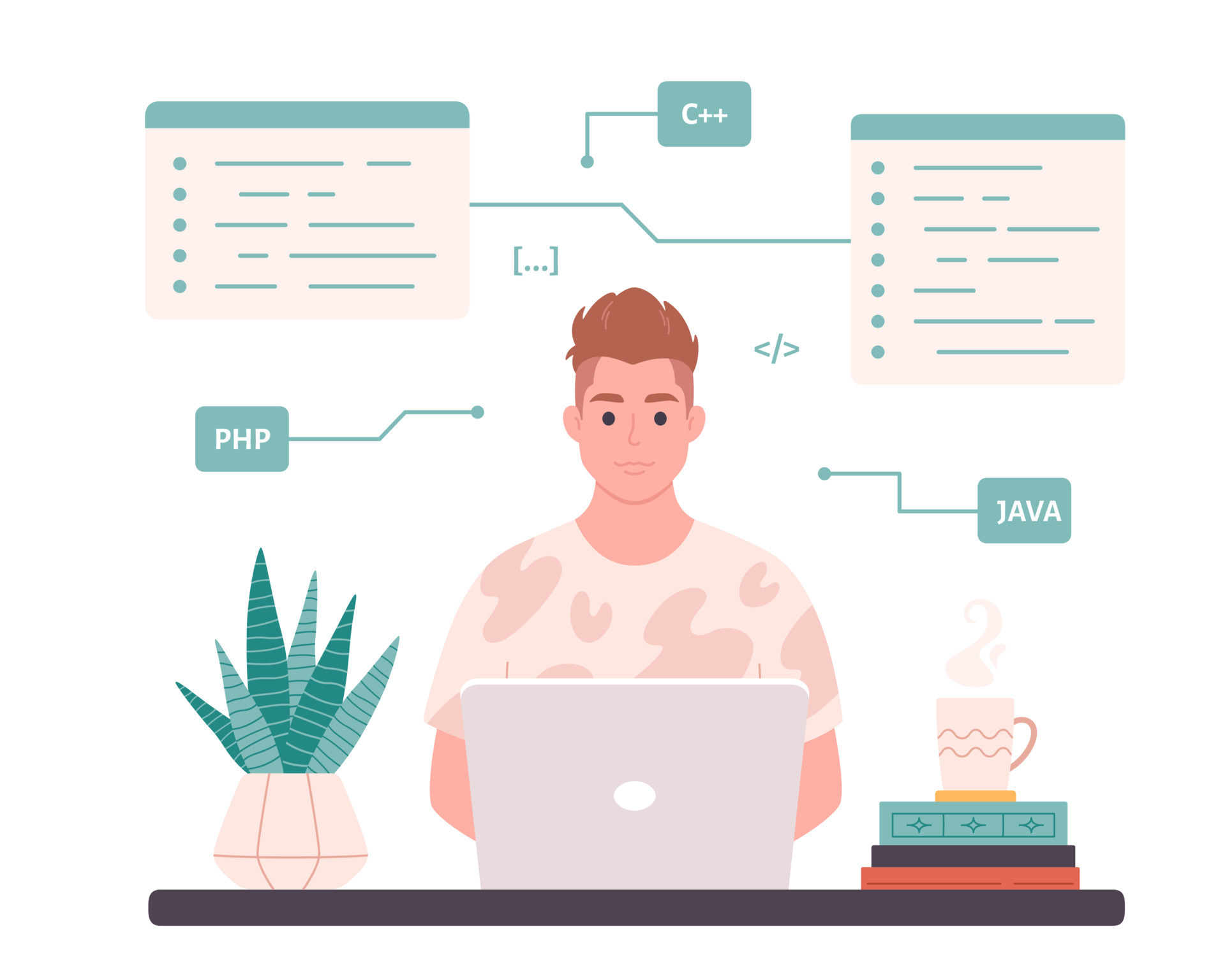 Man working on laptop. IT developer. Programming code. Freelance, remote working, programming ...