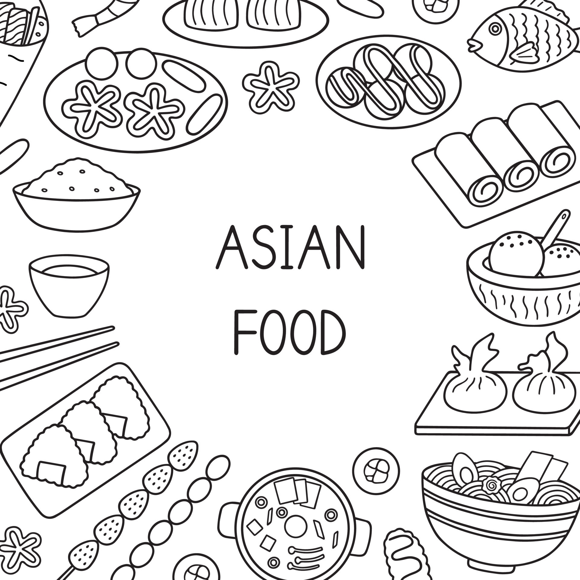 Asian food doodle set. Asian cuisine in sketch style. Hand drawn vector ...