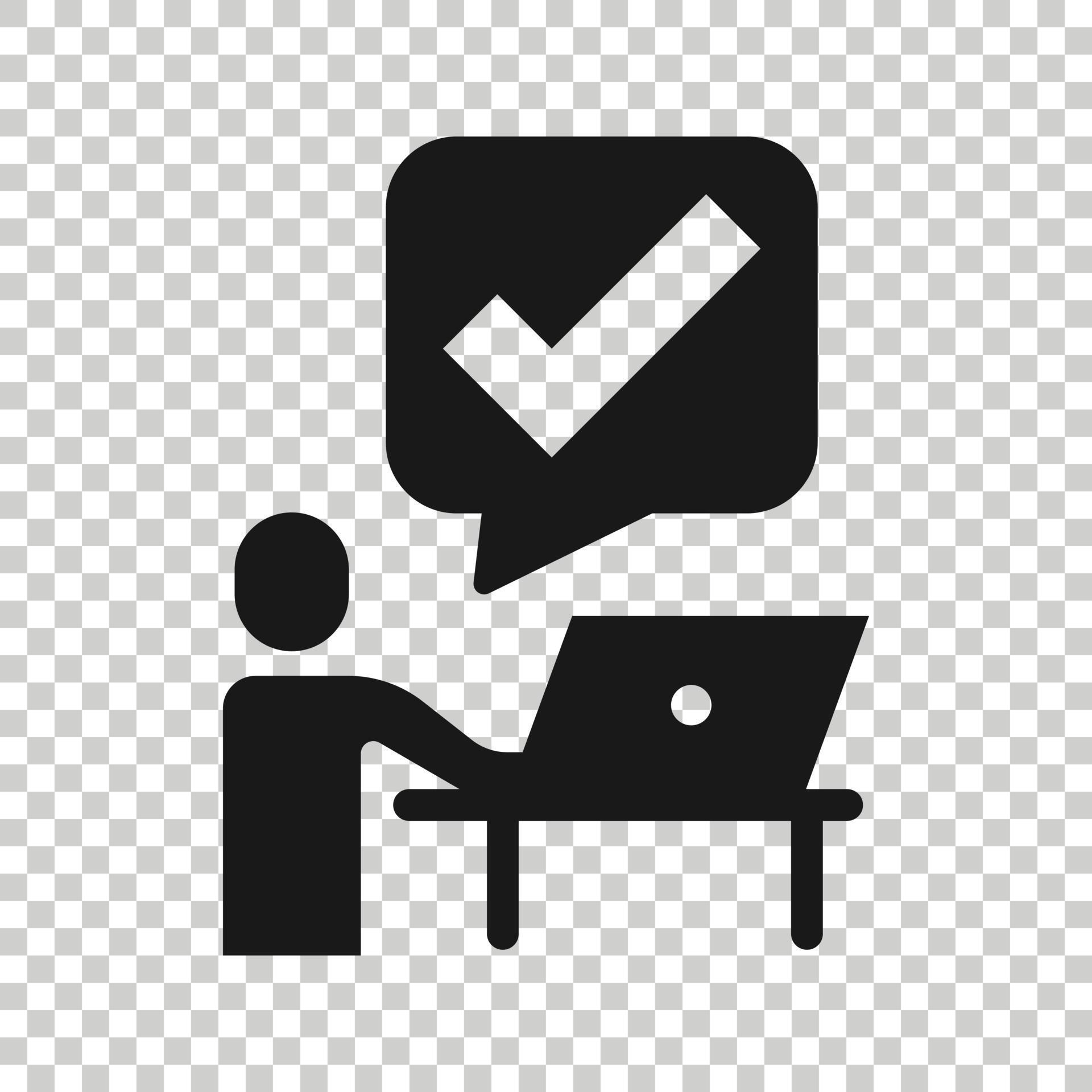 People with laptop computer icon in flat style. Pc user check mark ...