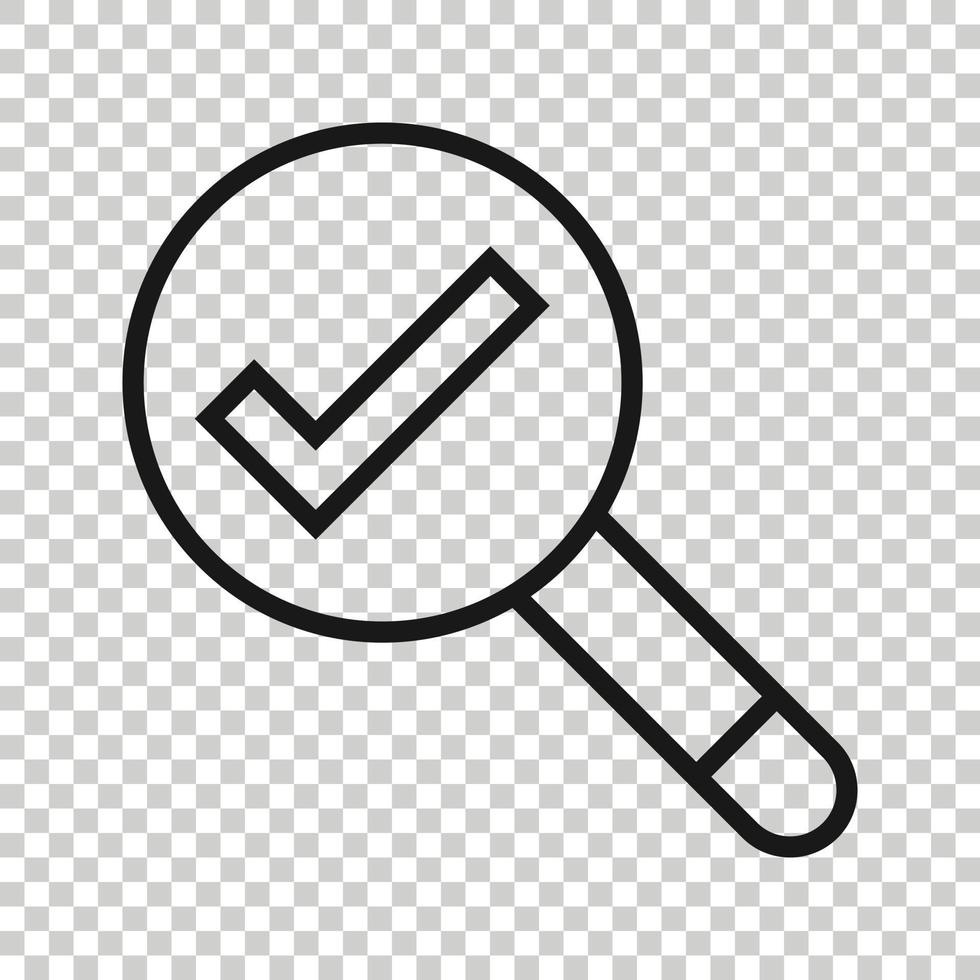 Check mark with magnifying glass icon in flat style. Loupe accept vector illustration on white ...