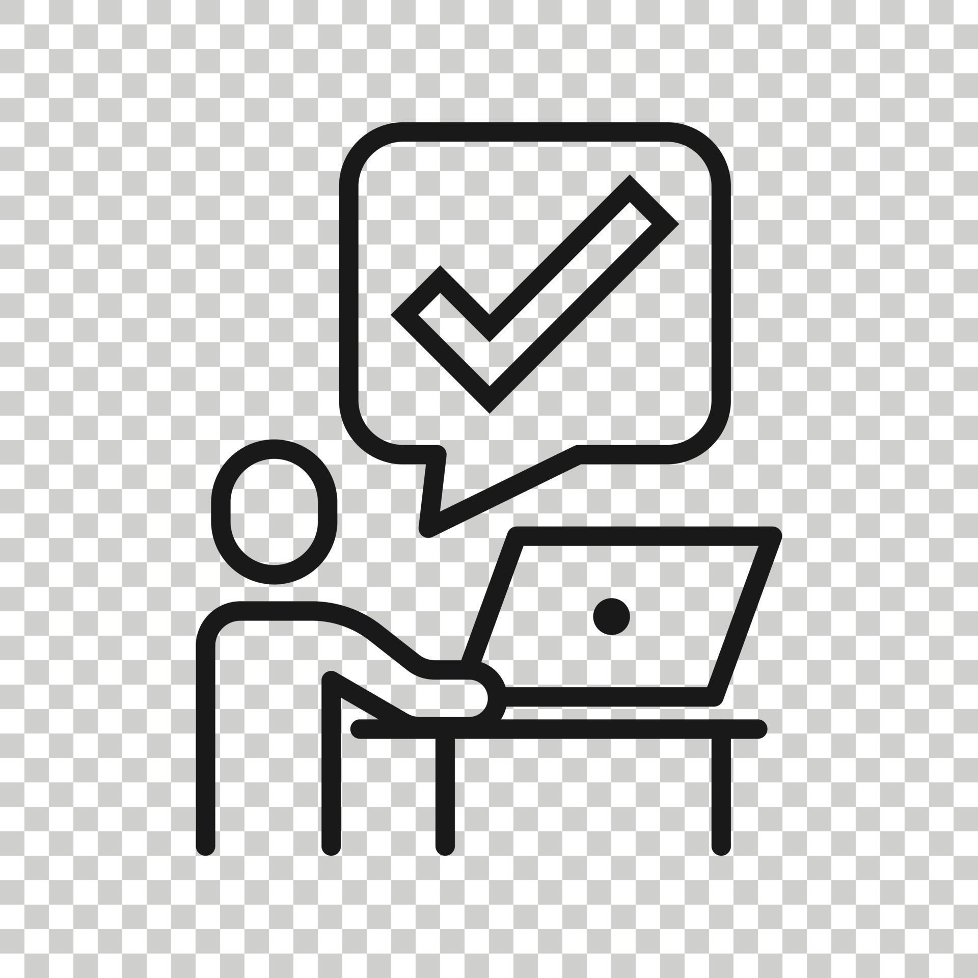 People with laptop computer icon in flat style. Pc user check mark ...