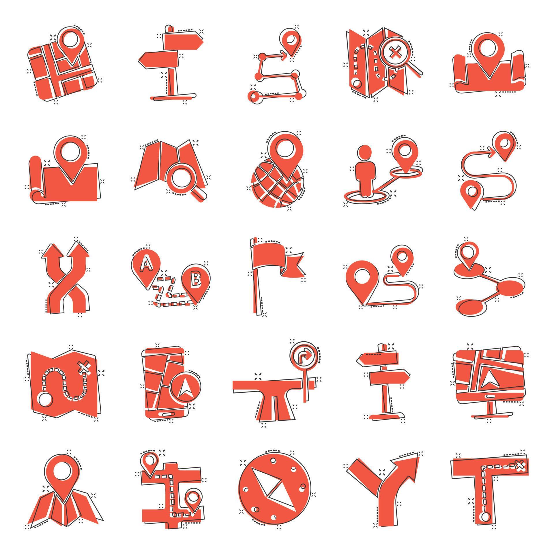 Navigation Icon Set In Comic Style Gps Direction Cartoon Vector