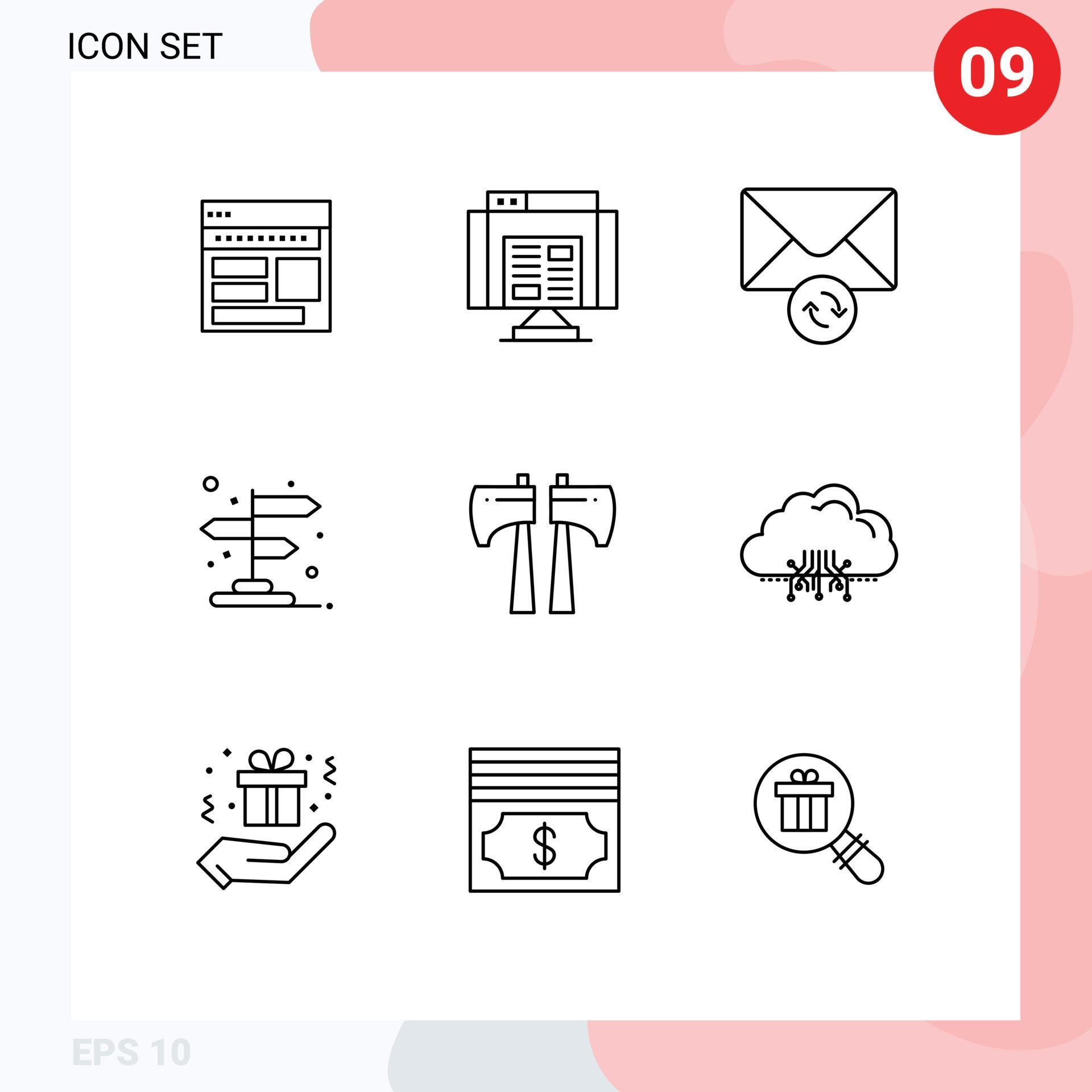 Pack Of 9 Creative Outlines Of Pointer Directions Browser Arrow Message Editable Vector Design