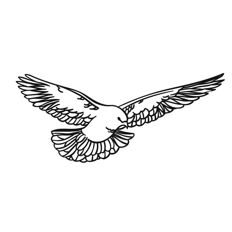 Soaring Dove In A Linear Style On A White Background For Printing