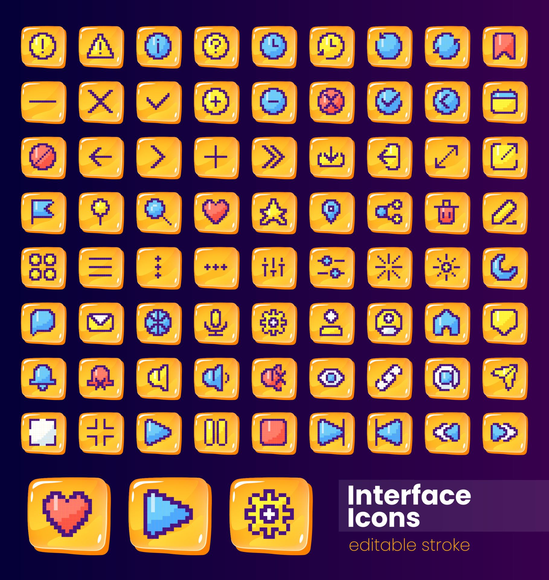 Website Glossy Ui Button With Pixelated Color Icon Big Set Editable