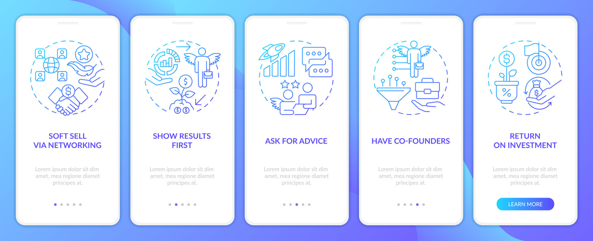Ways To Involve Investors Onboarding Blue Gradient Mobile App Screen Walkthrough 5 Steps