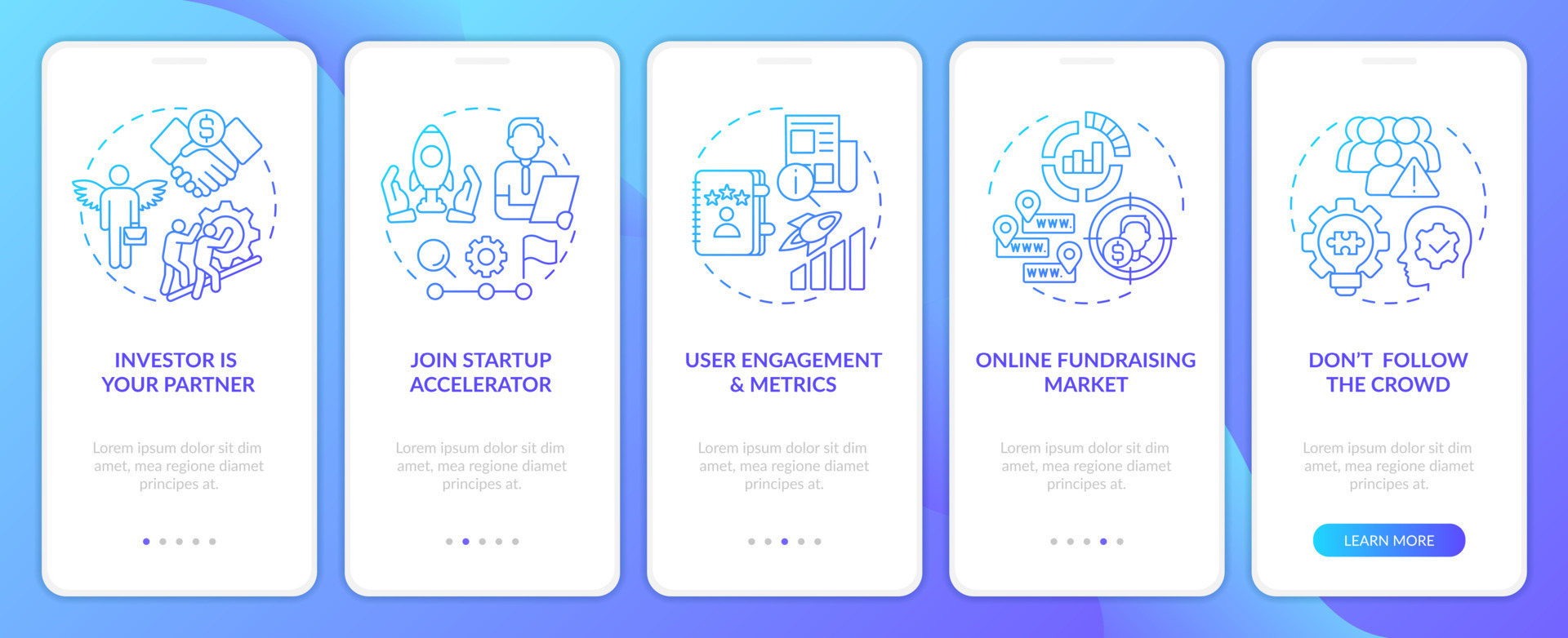 Ways To Attract Investors Onboarding Blue Gradient Mobile App Screen Walkthrough 5 Steps