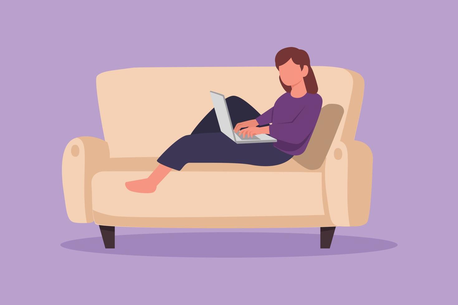 Cartoon Flat Style Drawing Of Cute Woman Sitting On Couch And Typing On