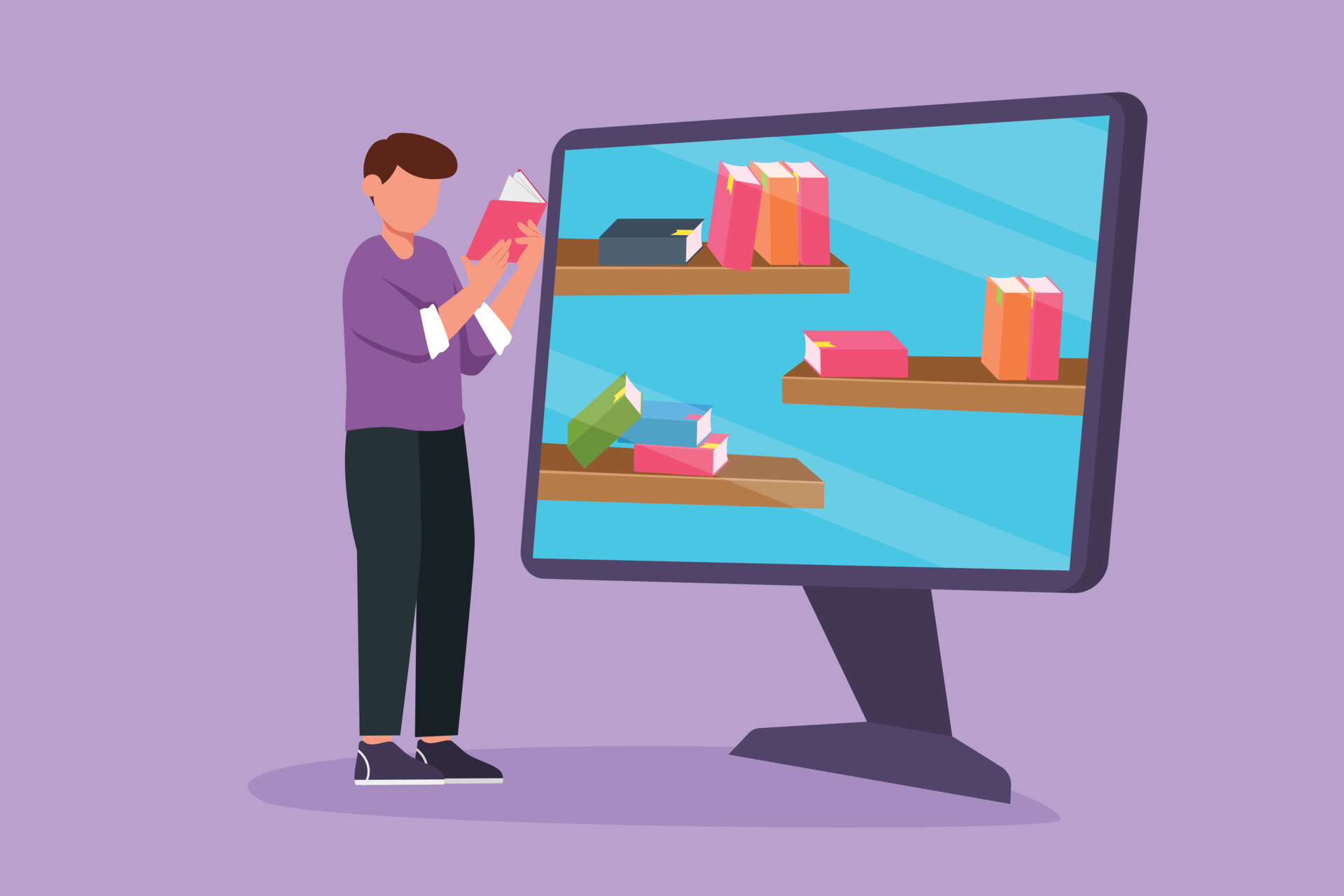 Character flat drawing young smart male student reading book while ...