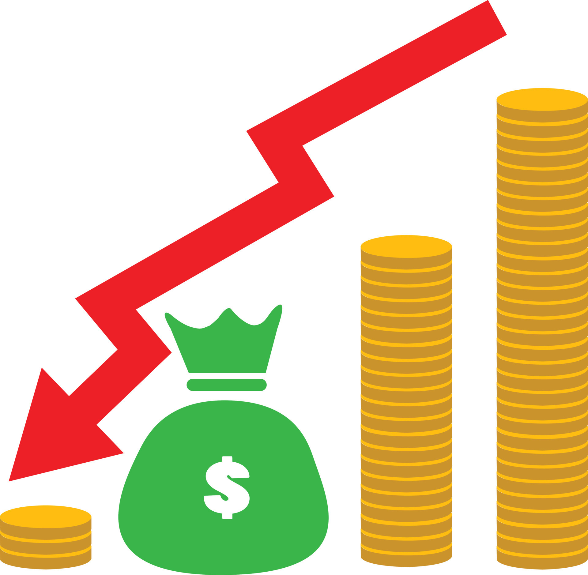 money reduce icon on white background. Income reduce sign. financial risk logo. financial ...