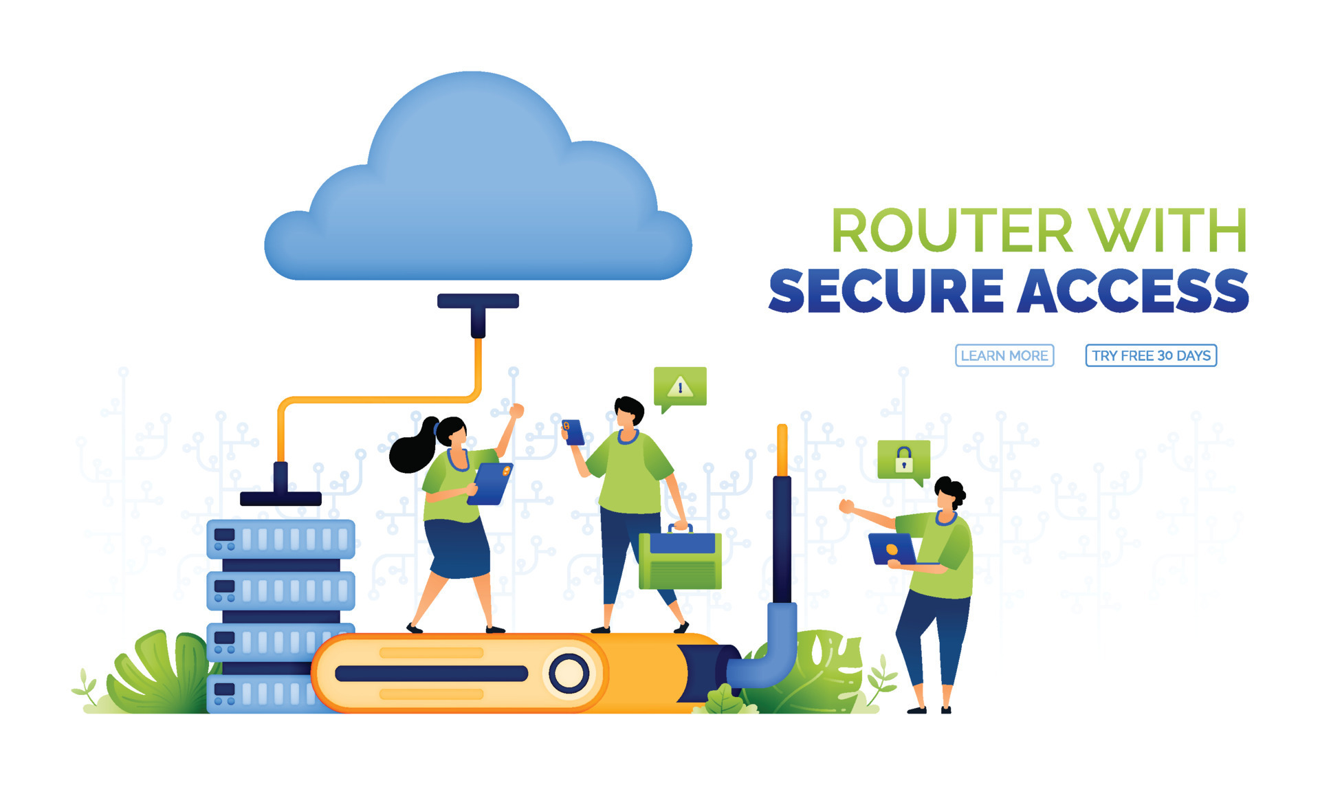 Illustration of people accessing a database network to the cloud to ... Illustration of people accessing a database network to the cloud to ...