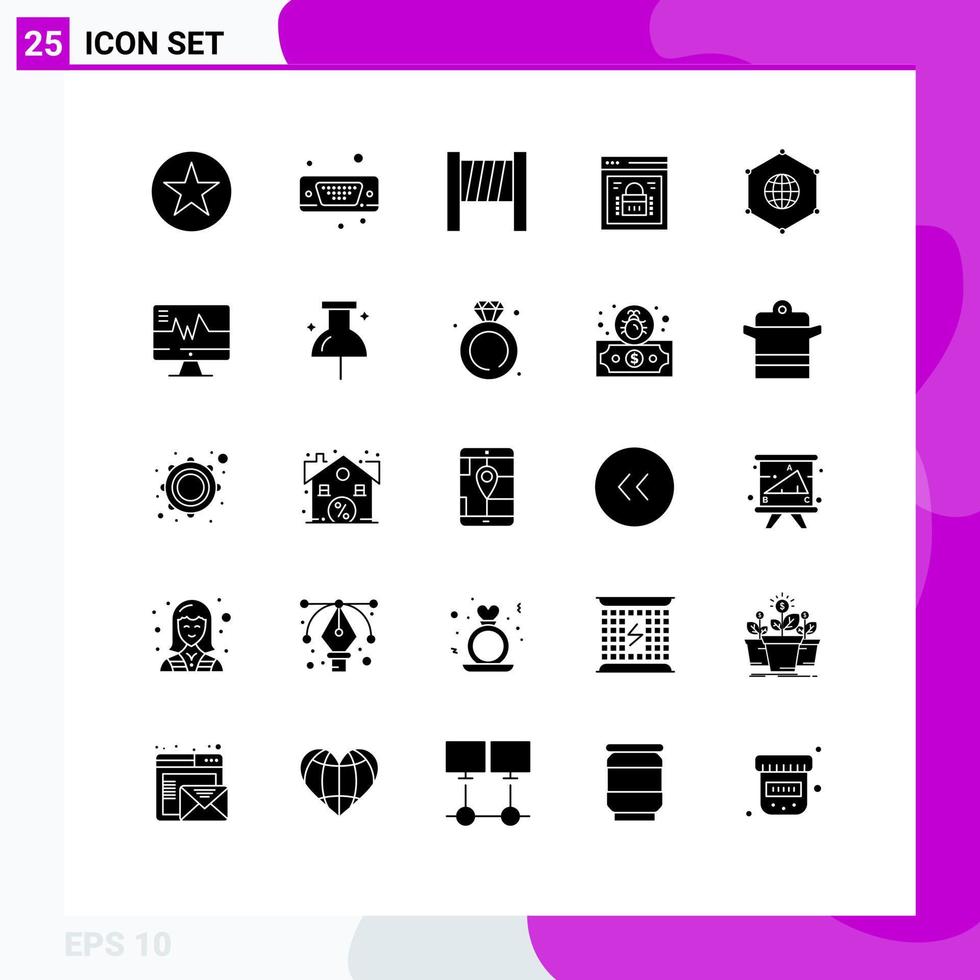 Group Of 25 Modern Solid Glyphs Set For Connection Global Tools Network Web Lock Editable Vector