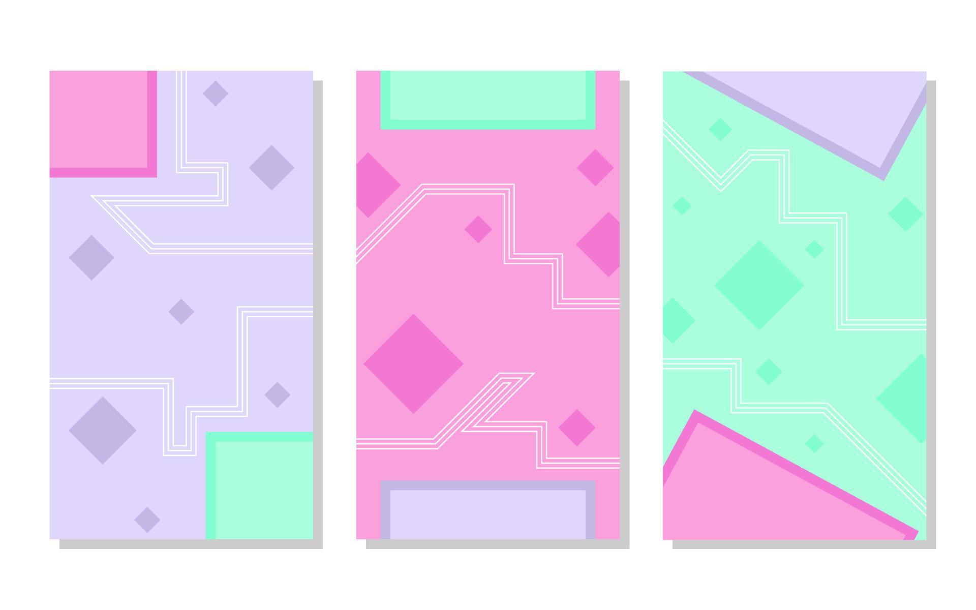 Set Of Pink Purple And Pastel Green Abstract Portrait Background With Square Pattern And Lines