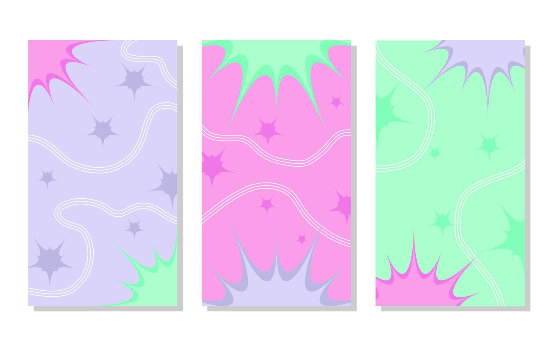 Set Of Pink Soft Blue And Pastel Green Abstract Portrait Background With Sun And Wavy Lines