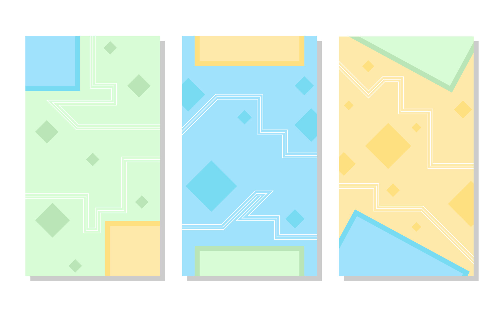 Set Of Pastel Blue Green And Orange Abstract Portrait Background With Square Pattern And Lines