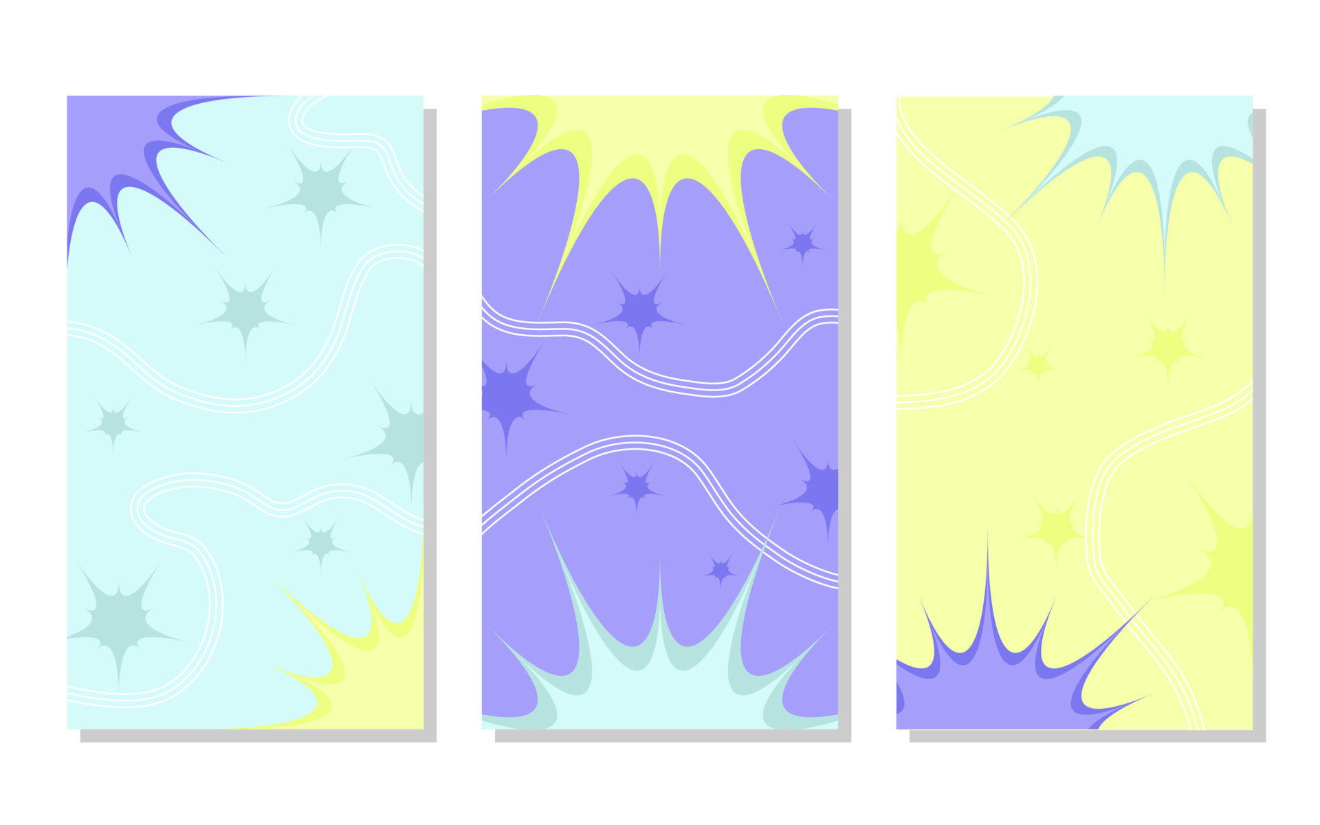 Set Of Blue Pastel Green And Yellow Abstract Portrait Background With Sun And Wavy Lines