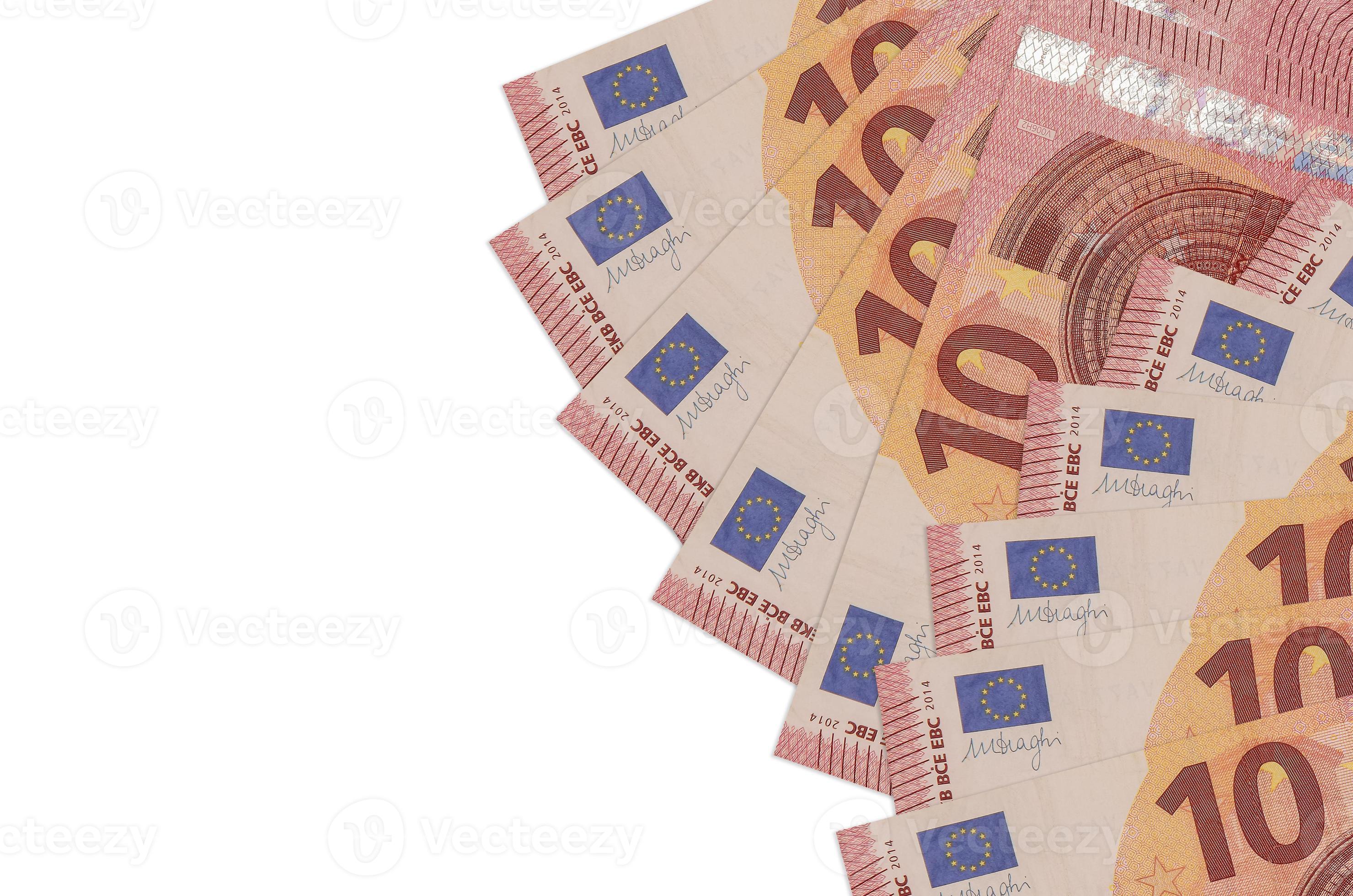 10 euro bills lies isolated on white background with copy space. Rich life conceptual background ...