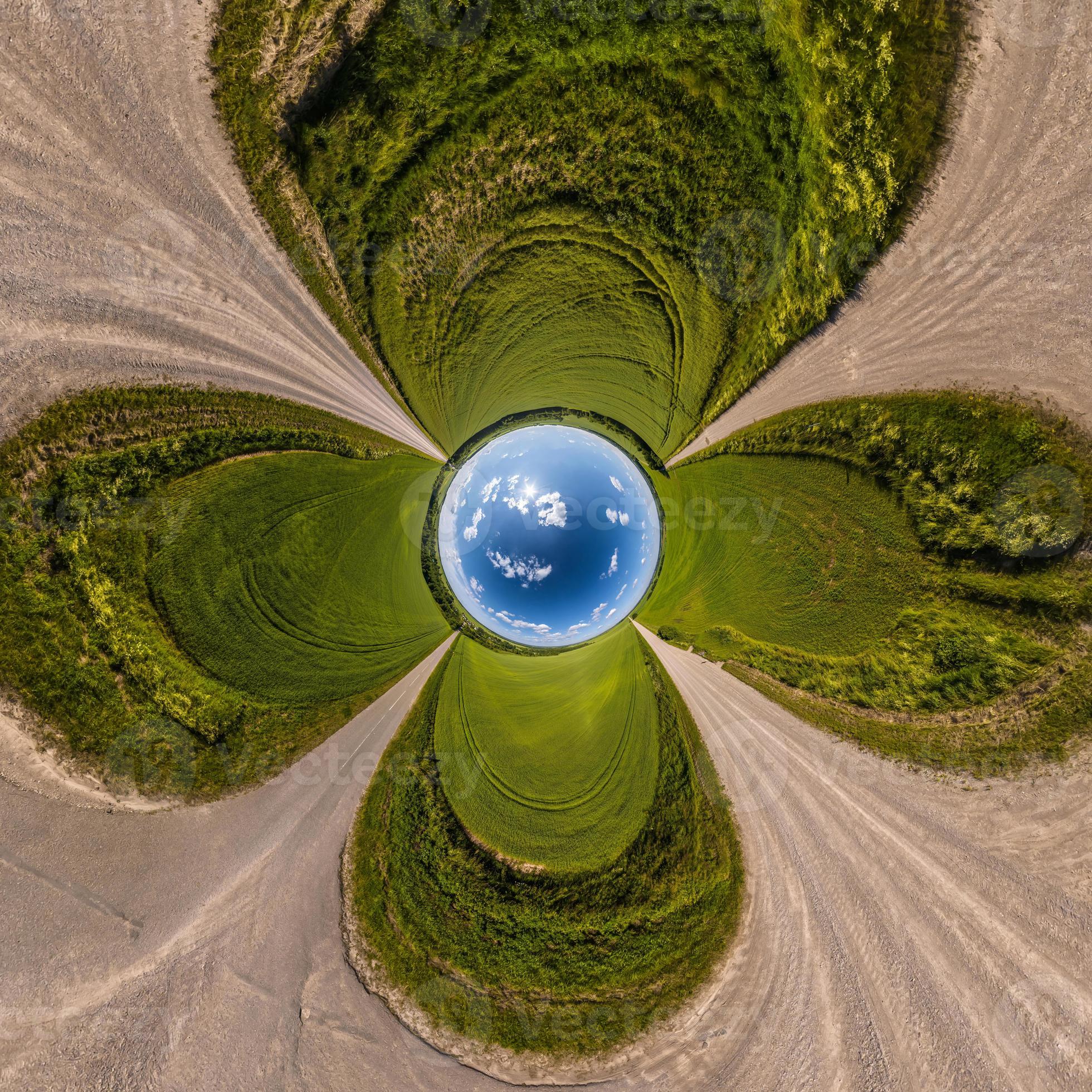 Blue little planet ball. Inversion of tiny planet transformation of ...