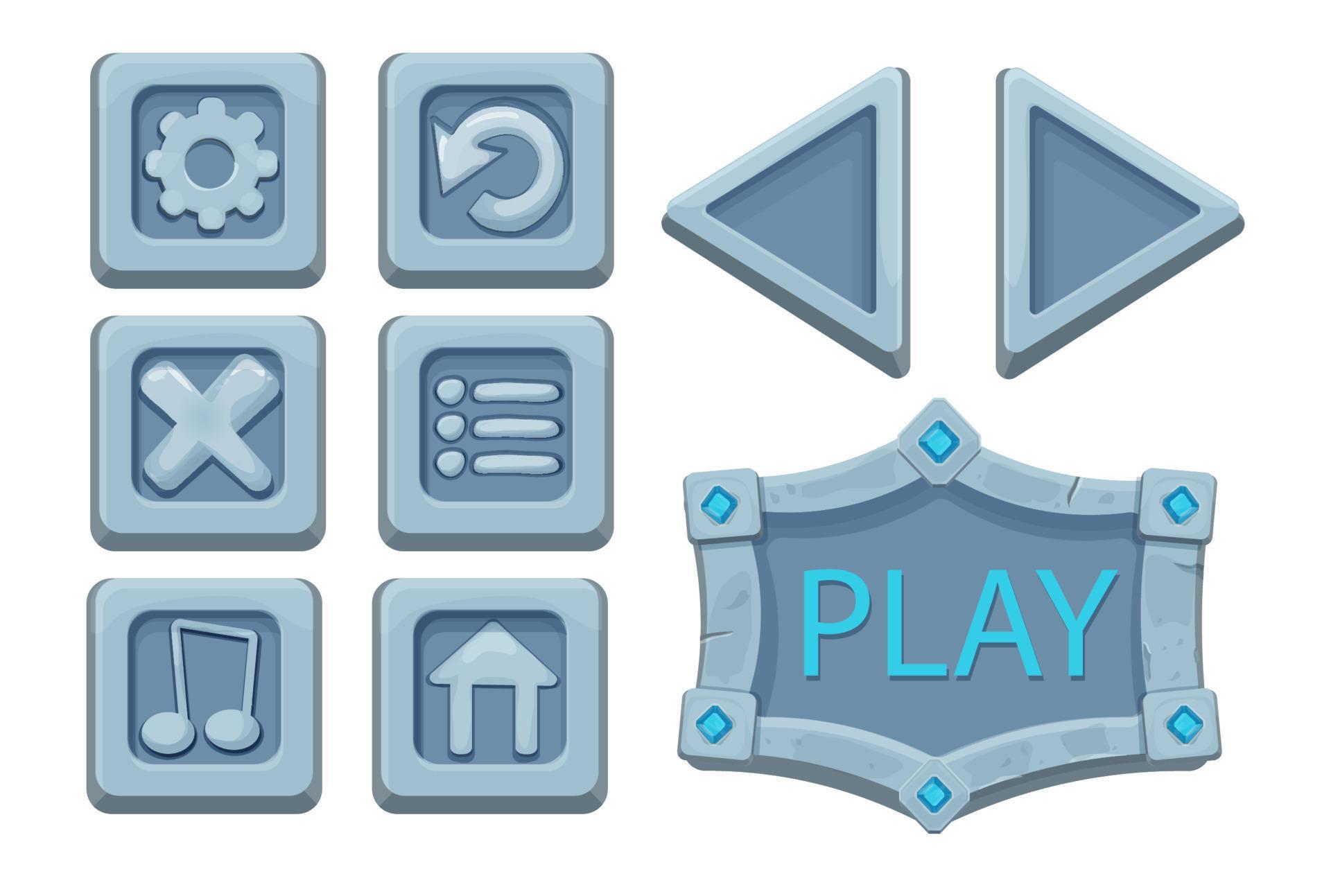 Set menu ui buttons on stone block in comic cartoon style, game design element, interface object ...