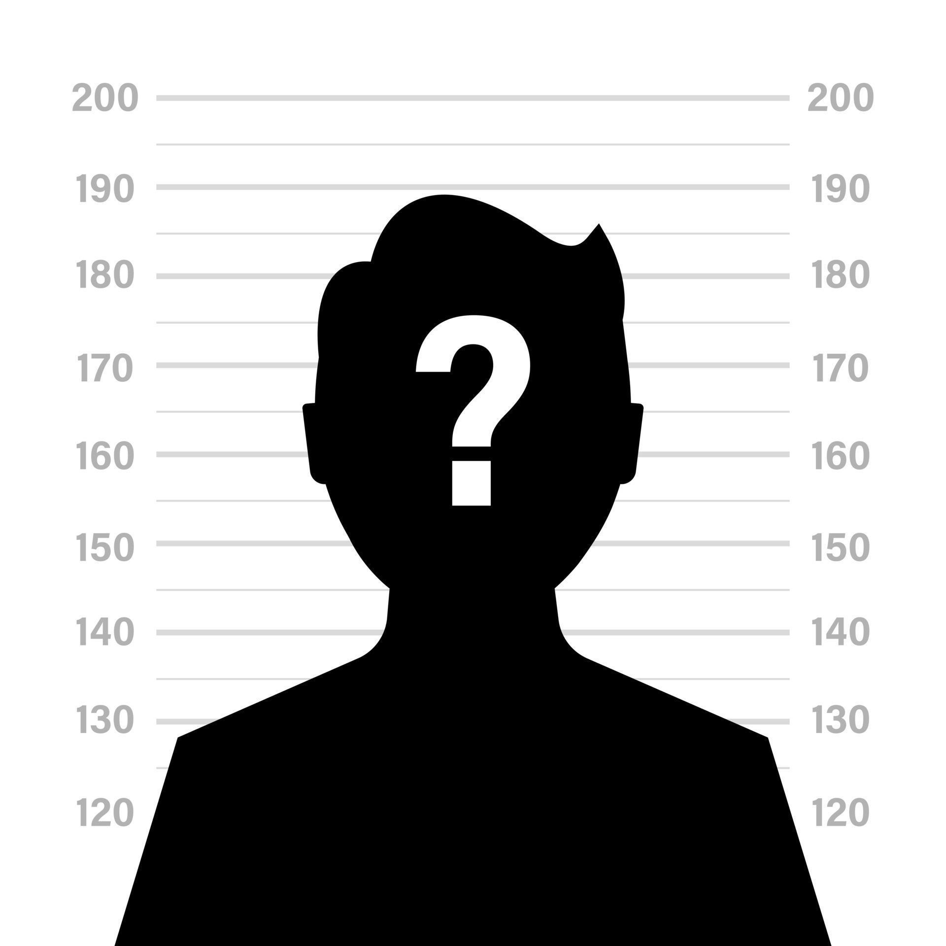 Front view of the suspect silhouette. Silhouette of anonymous man with question mark in ...