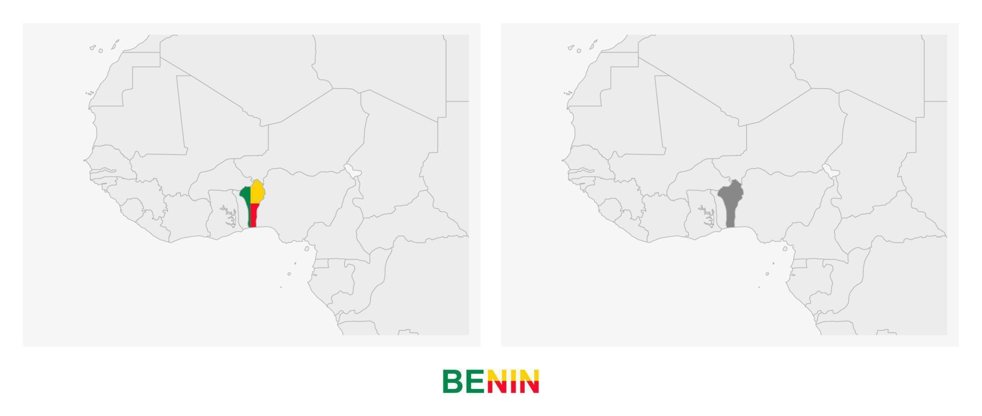 Two versions of the map of Benin, with the flag of Benin and ...