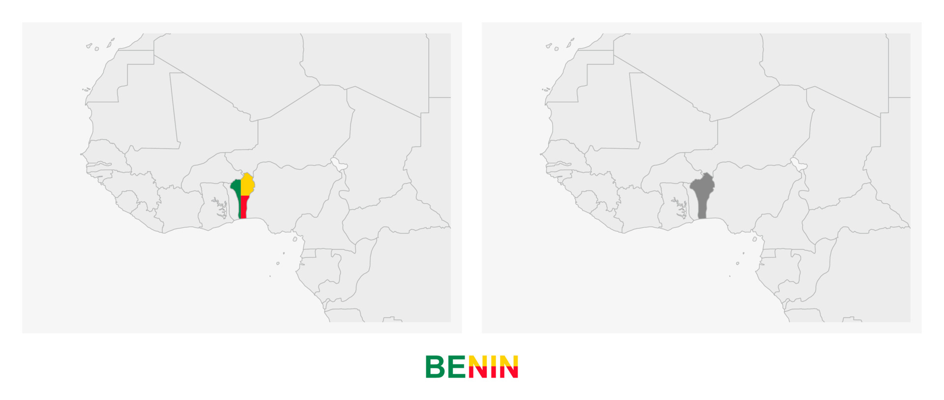 Two versions of the map of Benin, with the flag of Benin and ...