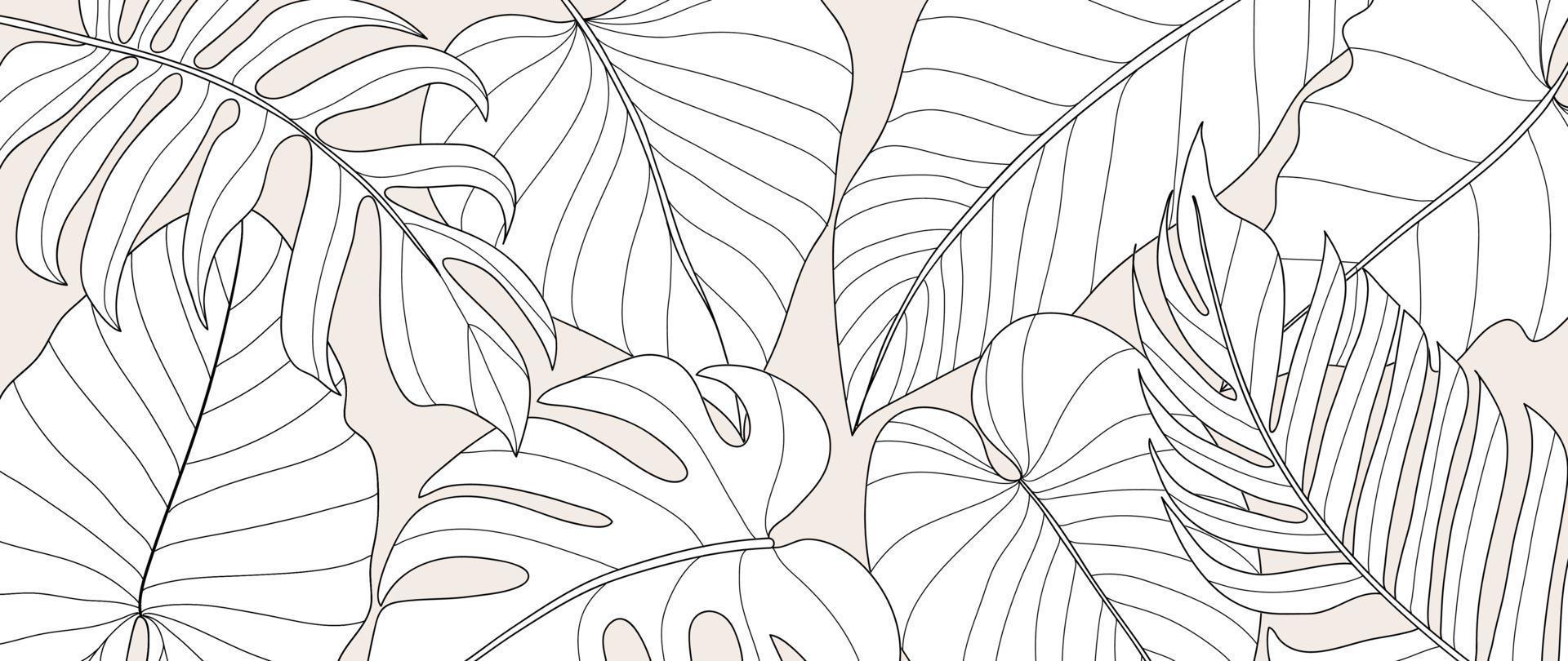 Hand drawn line art leaf branch background vector. Tropical monstera and palm leaves black white ...