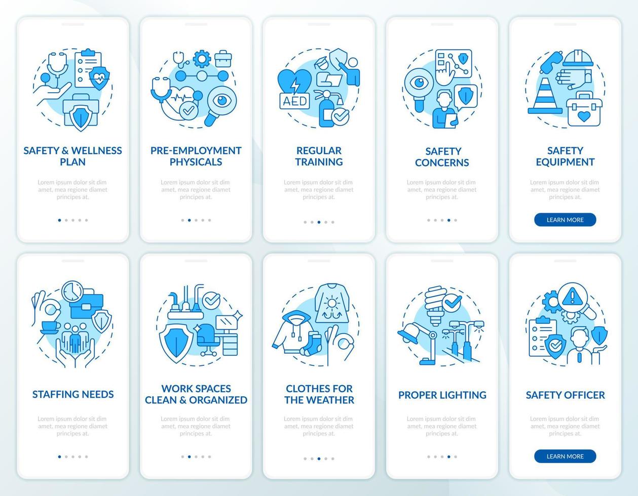 Avoiding Injuries At Work Tips Blue Onboarding Mobile App Screen Set Walkthrough 5 Steps
