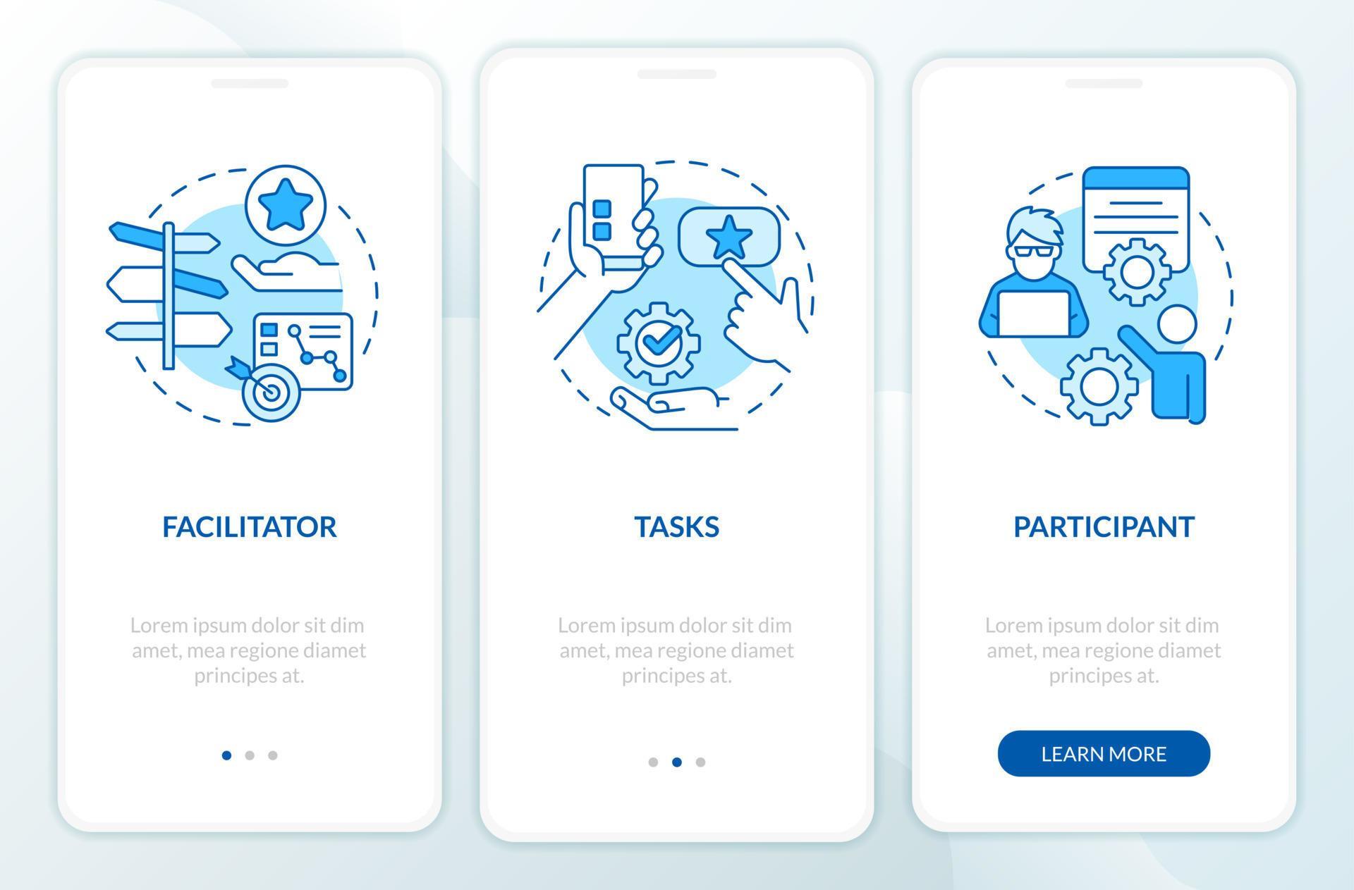 Structure Of Usability Test Session Blue Onboarding Mobile App Screen Walkthrough 3 Steps