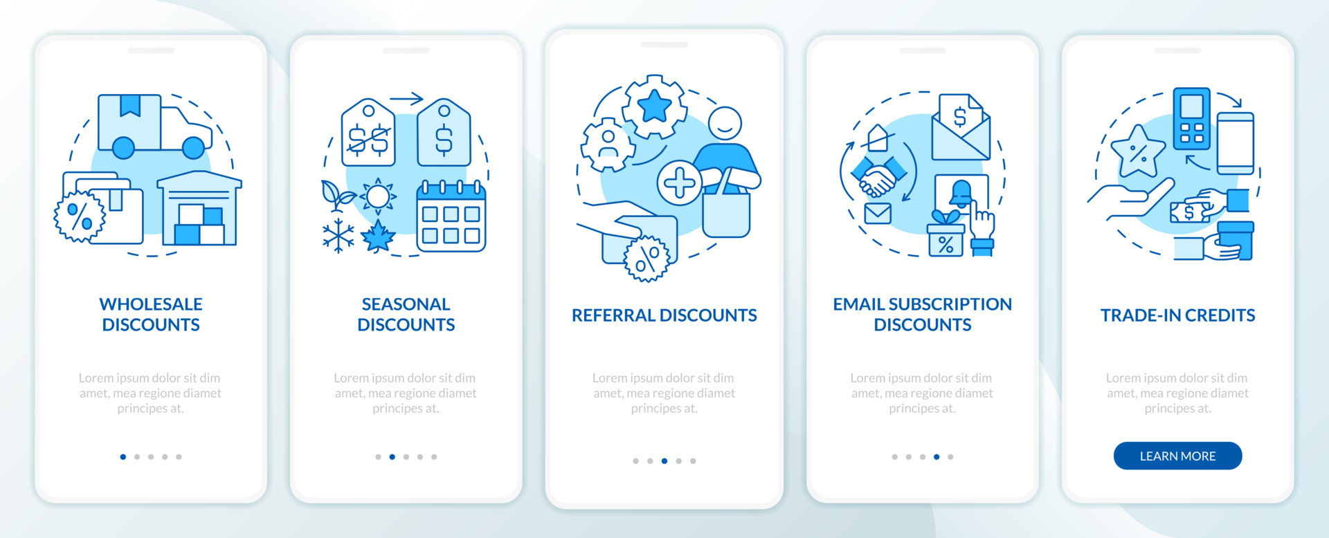 Discount Types Blue Onboarding Mobile App Screen Allowances Walkthrough 5 Steps Editable