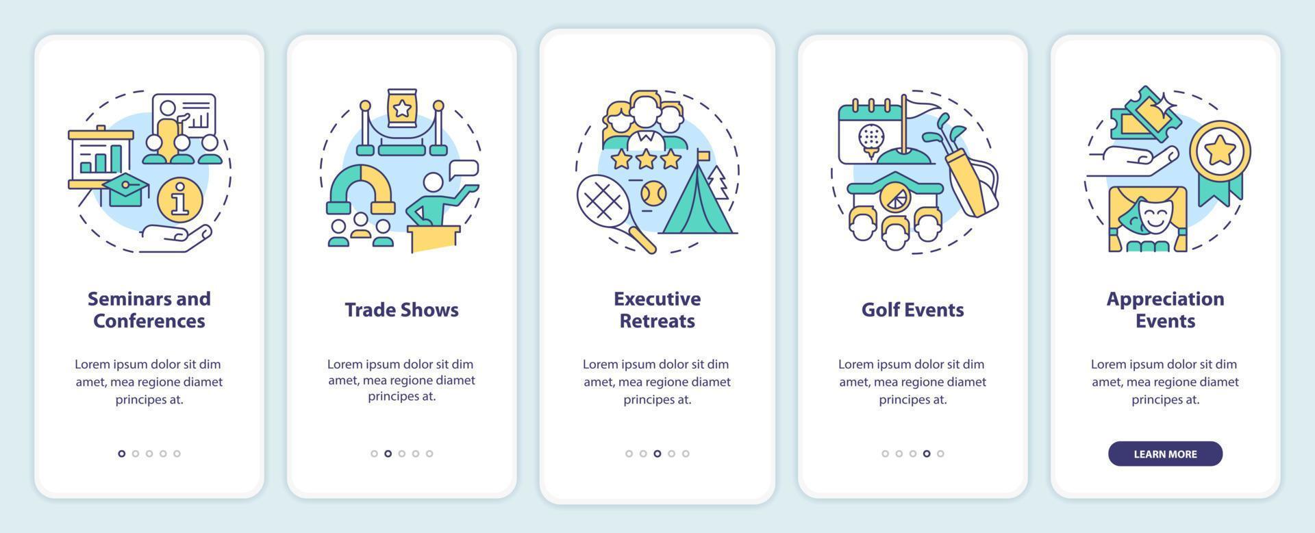 Corporate Events Types Onboarding Mobile App Screen Business Walkthrough 5 Steps Editable
