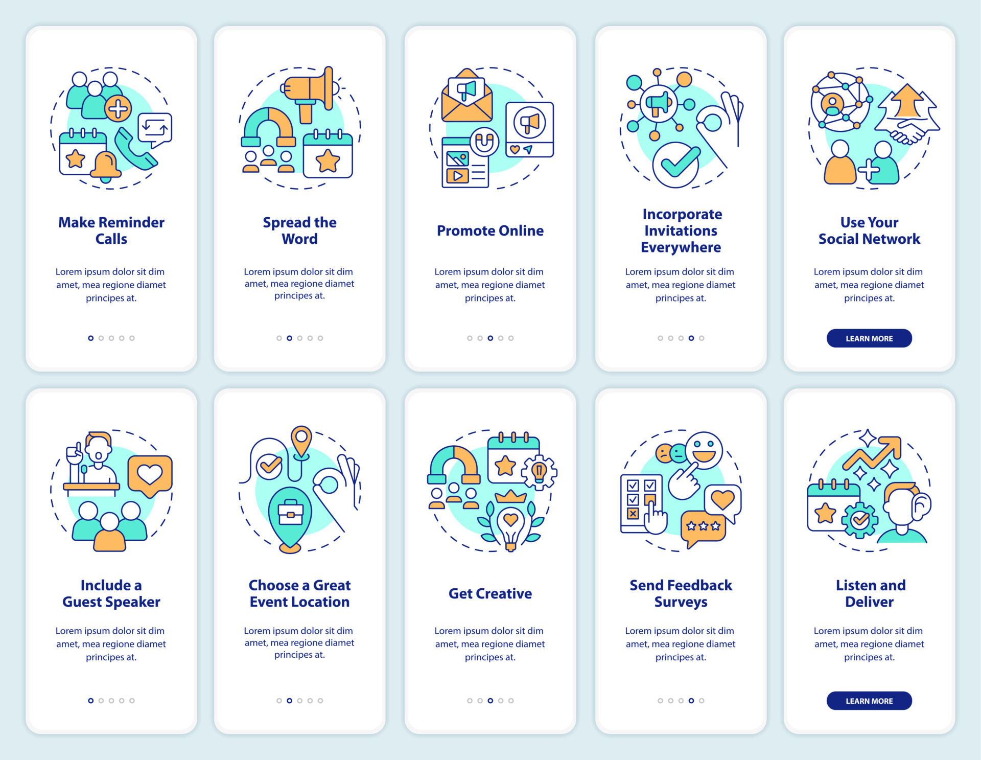 Increasing Meeting Attendance Onboarding Mobile App Screen Set Walkthrough 5 Steps Editable