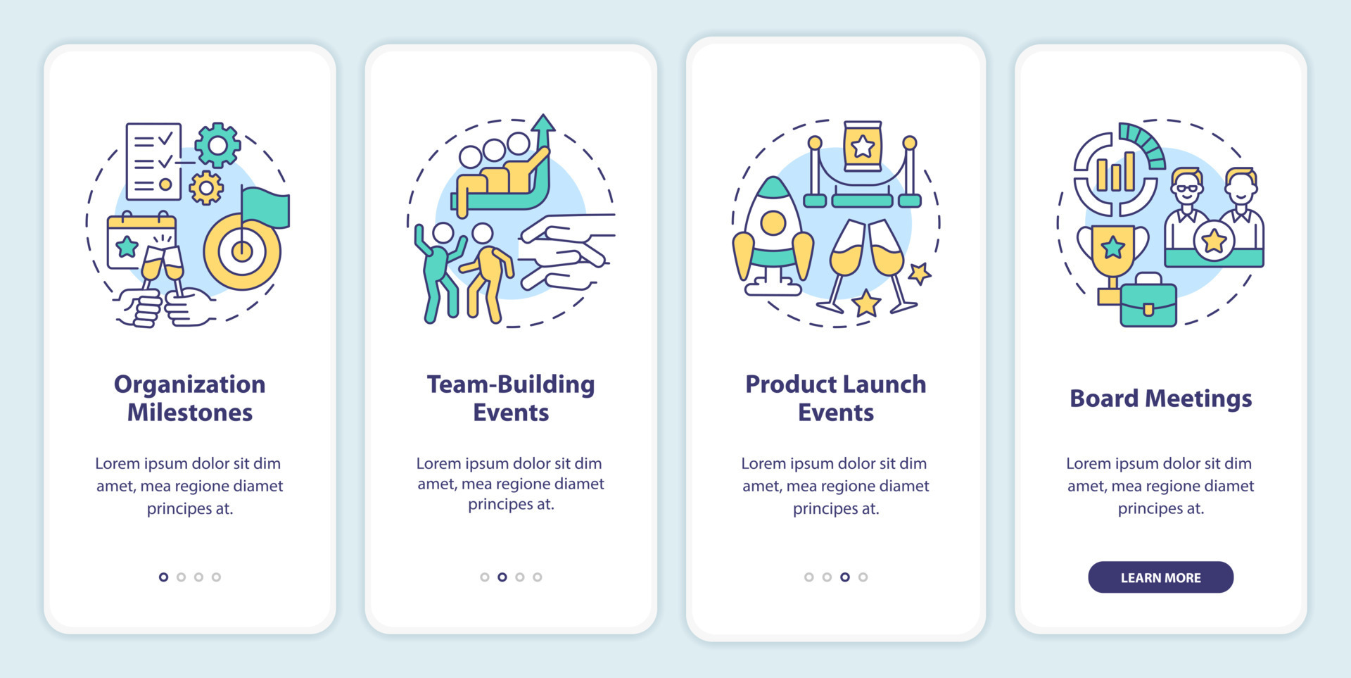 Corporate Events Examples Onboarding Mobile App Screen Company Walkthrough 4 Steps Editable