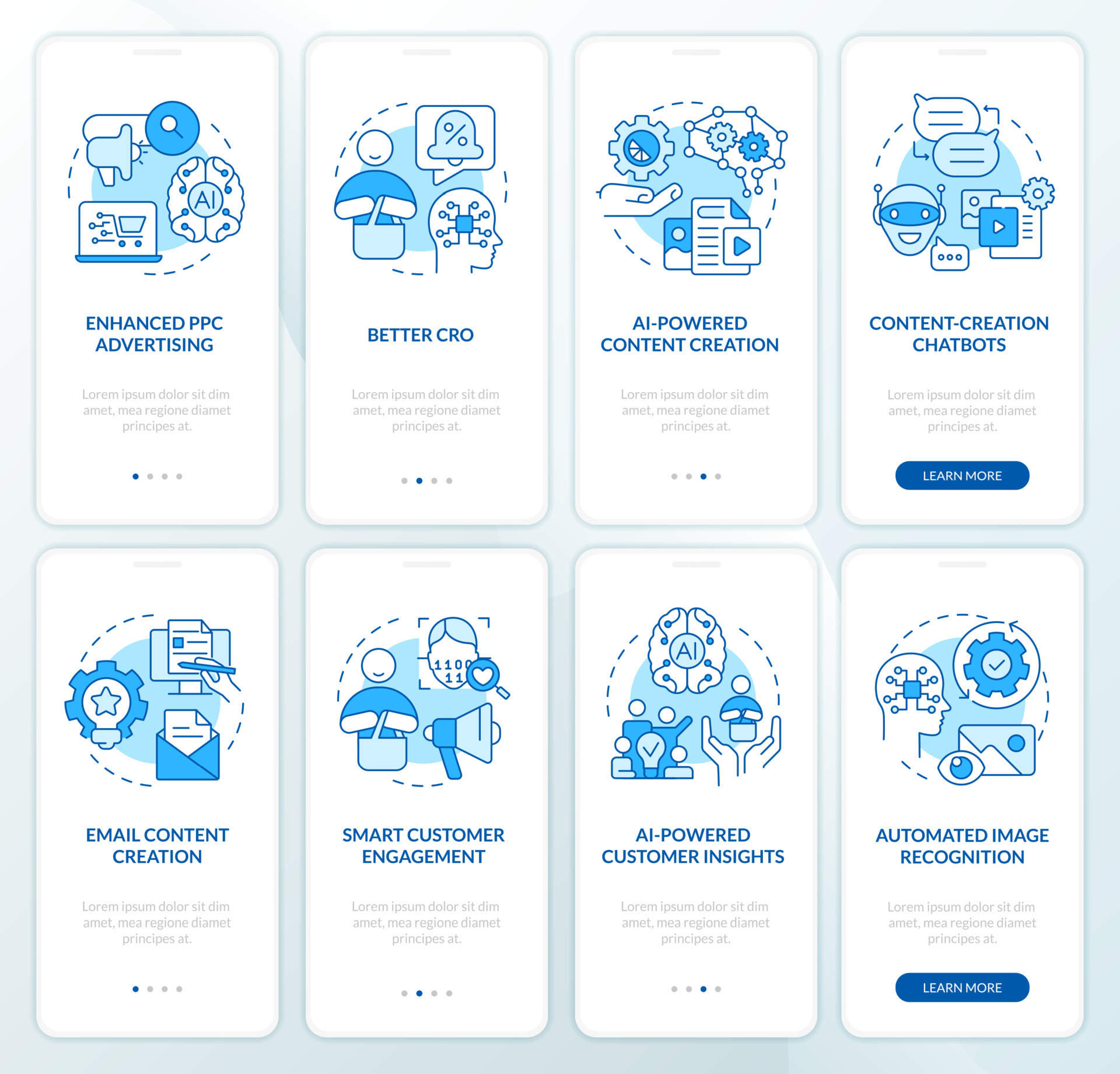 Ai Integration In Marketing Blue Onboarding Mobile App Screen Set Walkthrough 4 Steps Editable