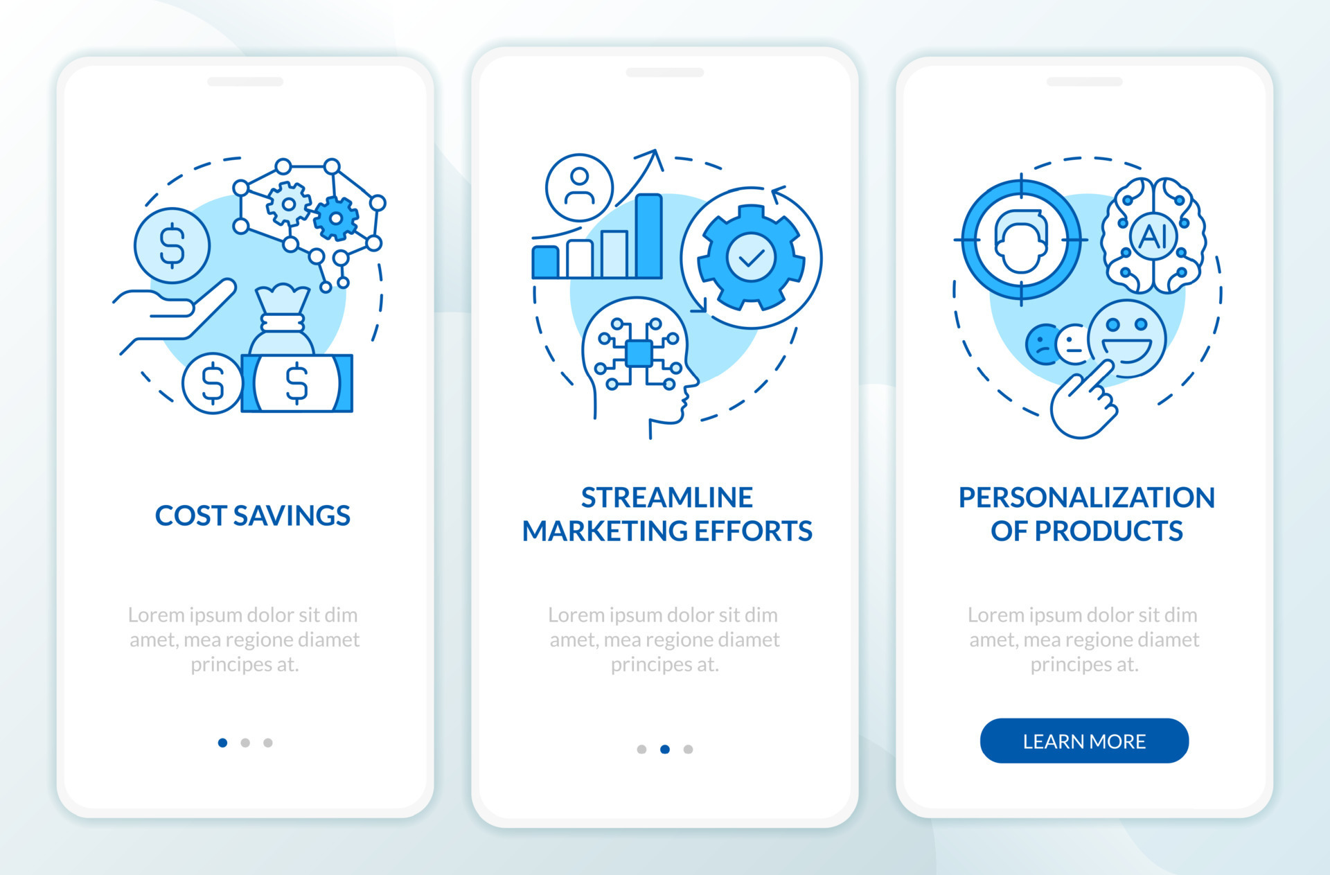 Benefits Of Ai In Marketing Blue Onboarding Mobile App Screen Walkthrough 3 Steps Editable