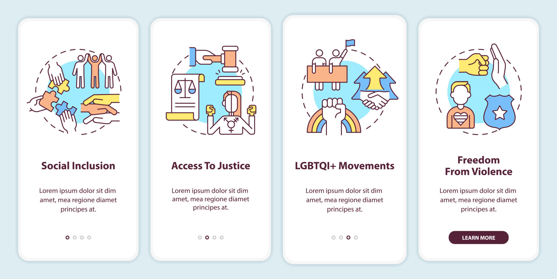 Lgbt Community Programs Onboarding Mobile App Screen Walkthrough 4 Steps Editable Graphic