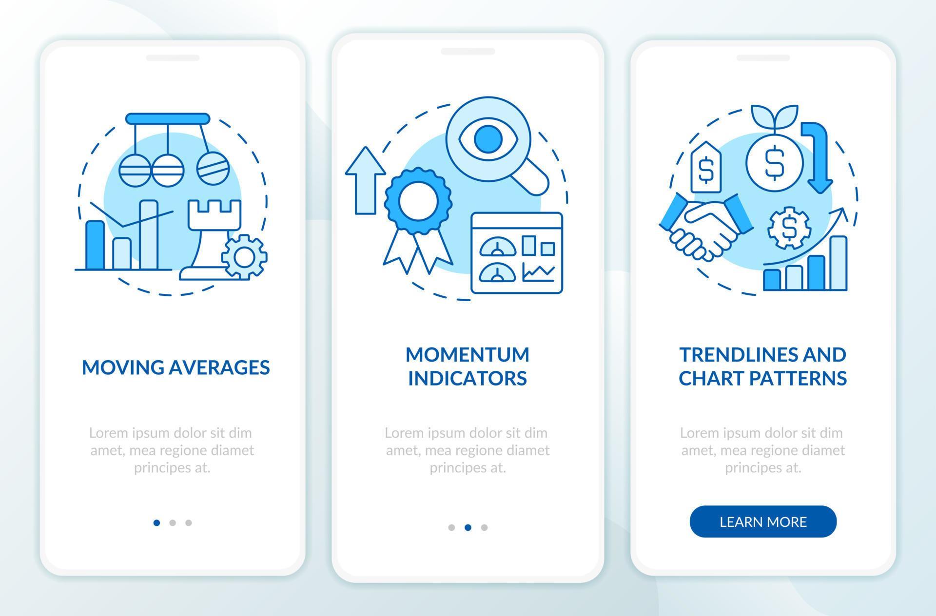 Trend Trading Strategies Blue Onboarding Mobile App Screen Business Walkthrough 3 Steps
