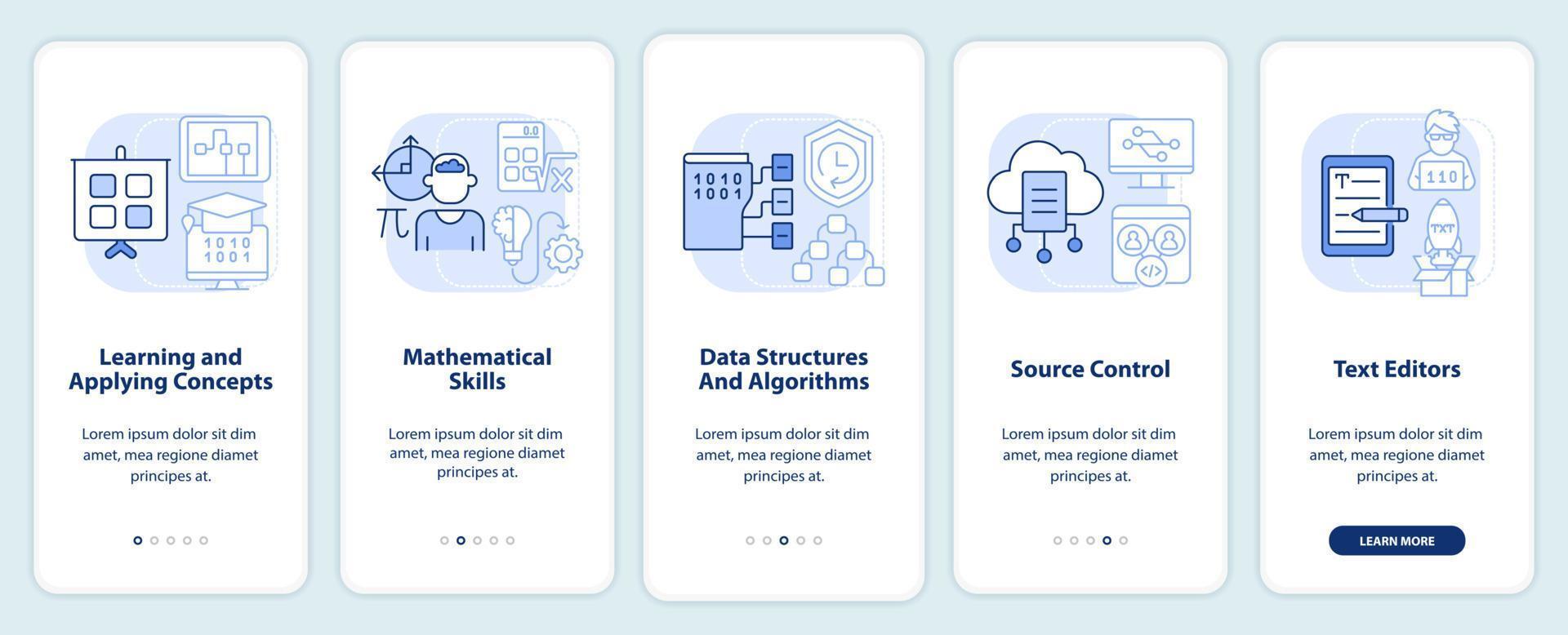 Program Development Skills Light Blue Onboarding Mobile App Screen Walkthrough 5 Steps Graphic