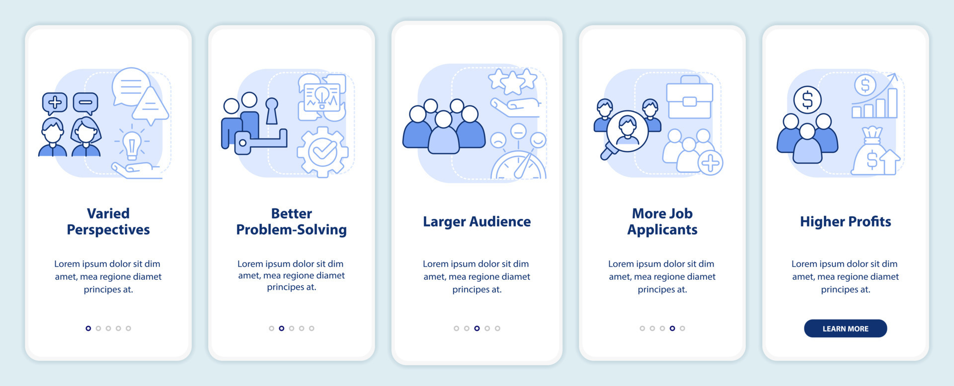 Workplace Diversity Benefits Light Blue Onboarding Mobile App Screen Walkthrough 5 Steps
