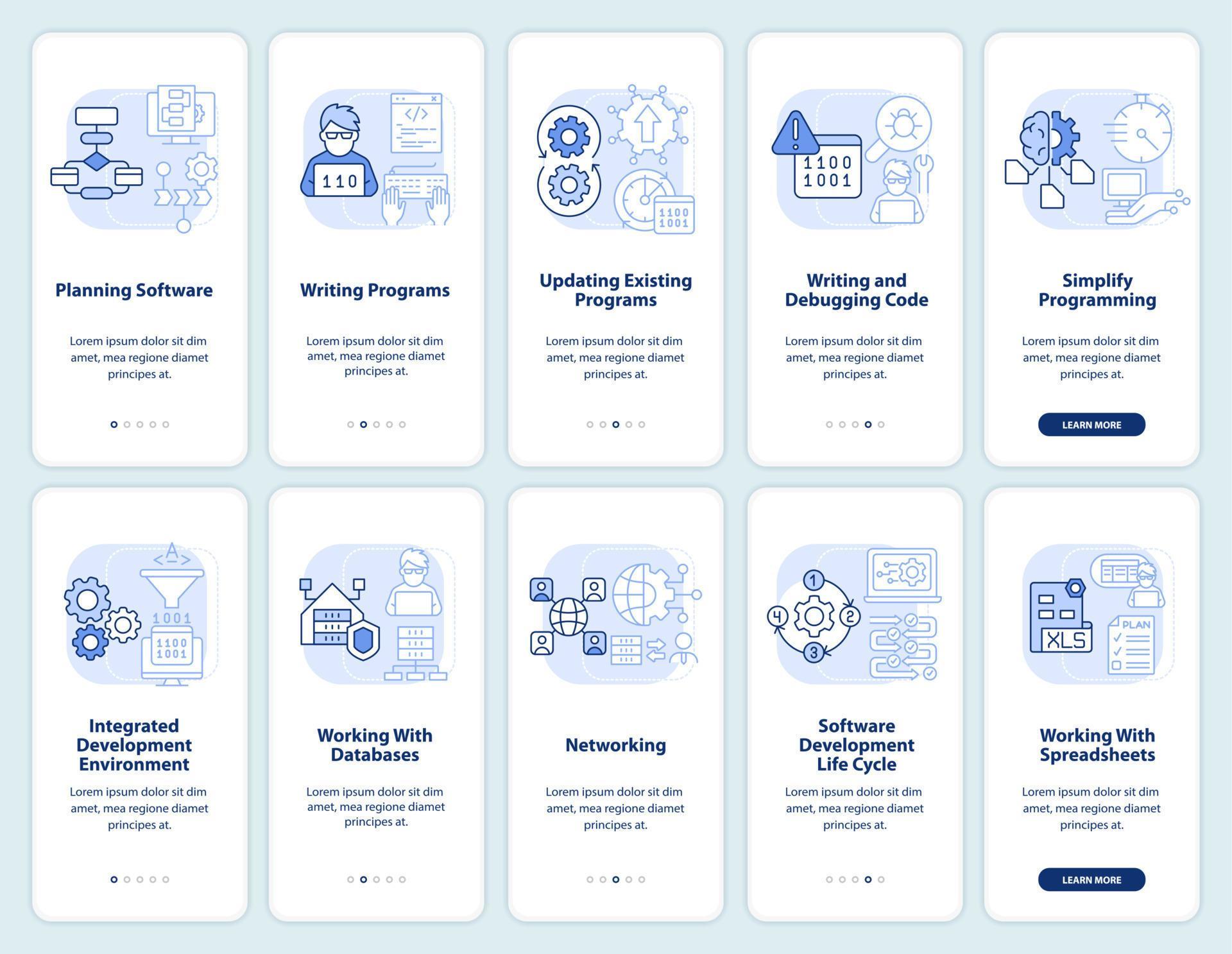 Professional programmer skills light blue onboarding mobile app screen ...