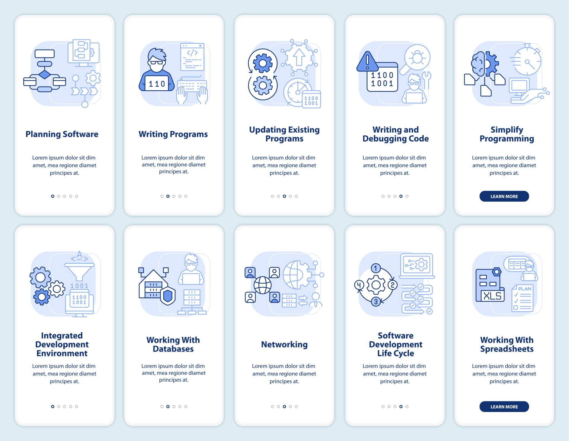 Professional Programmer Skills Light Blue Onboarding Mobile App Screen Set Walkthrough 5 Steps