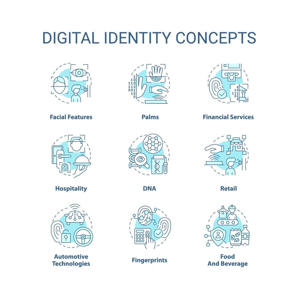 Digital identity turquoise concept icons set. Biometric technology idea ... Digital identity turquoise concept icons set. Biometric technology idea ...